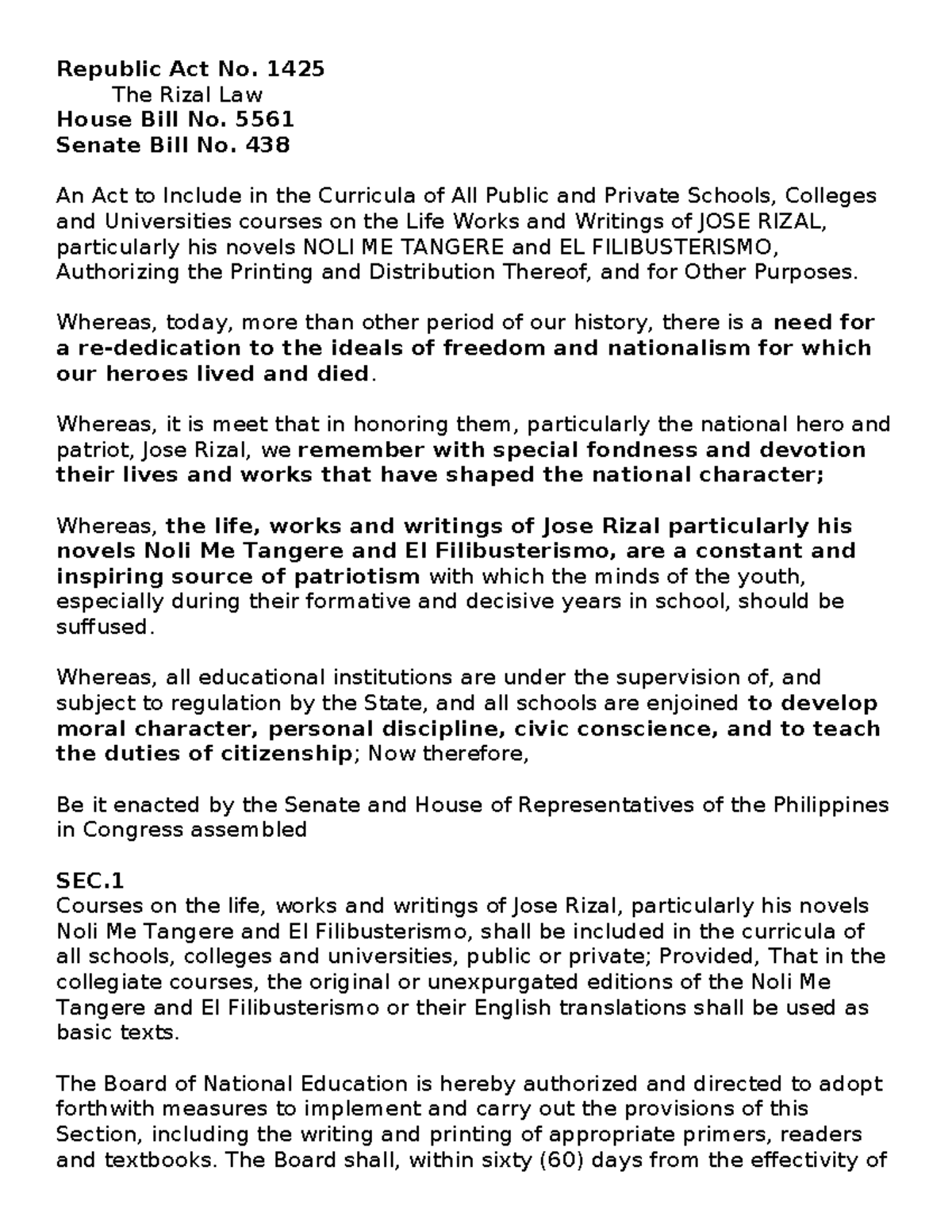 RA 1425 - Republic Act No. 1425 The Rizal Law House Bill No. 5561 ...
