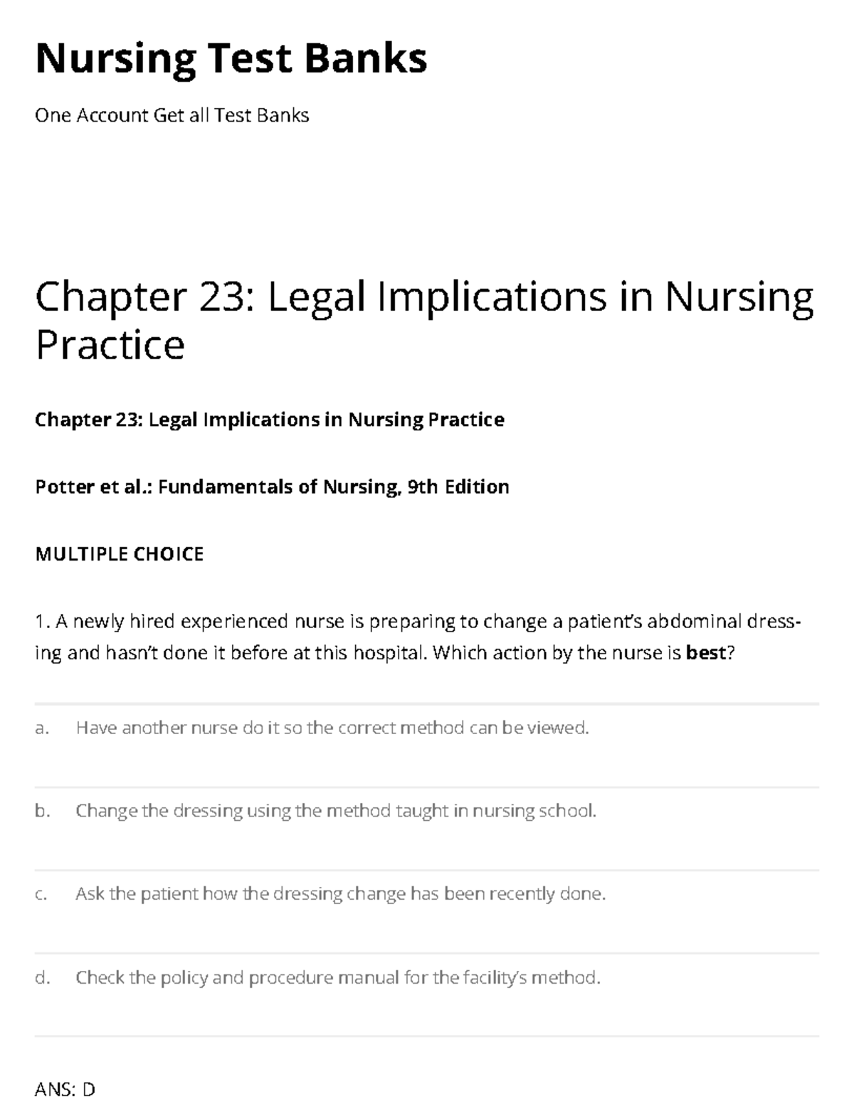 Chapter 23 Legal Implications in Nursing Practice Nursing Test Banks ...