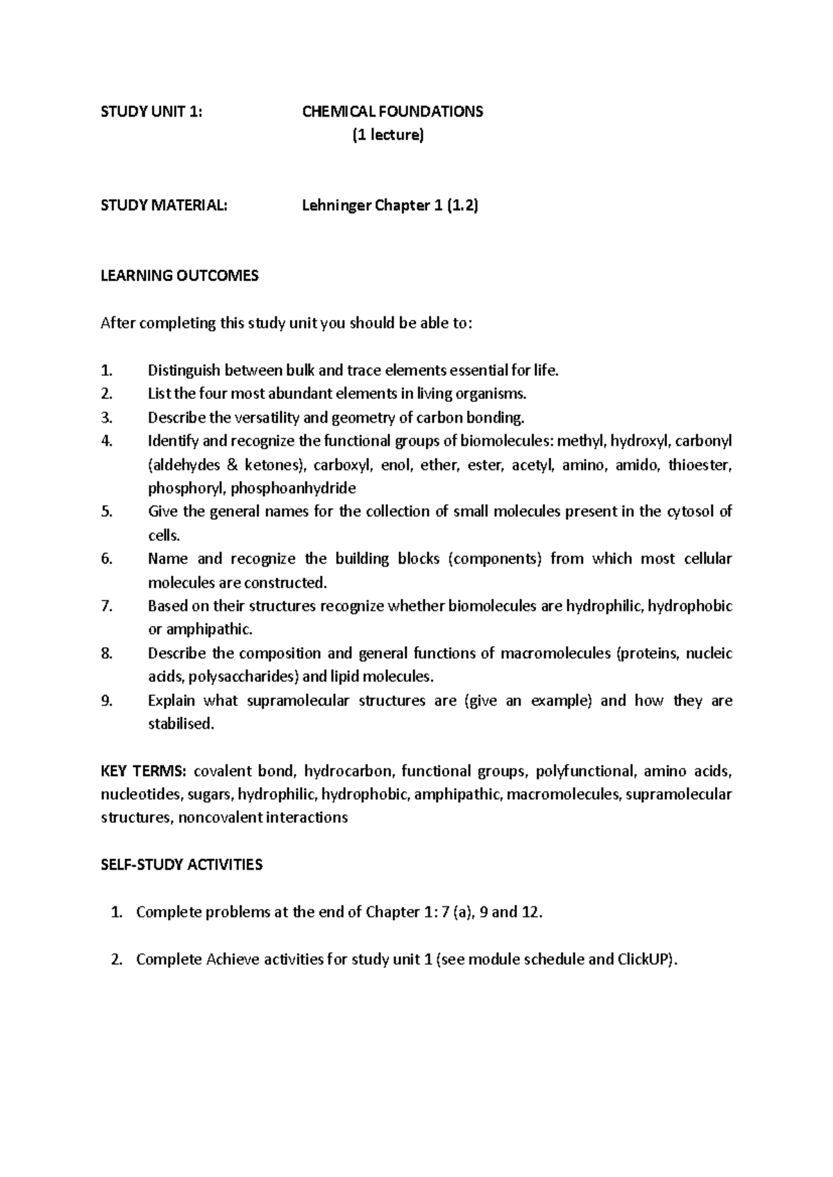 Study UNIT 1 Learning outcomes - STUDY UNIT 1 : CHEMICAL FOUNDATIONS ...