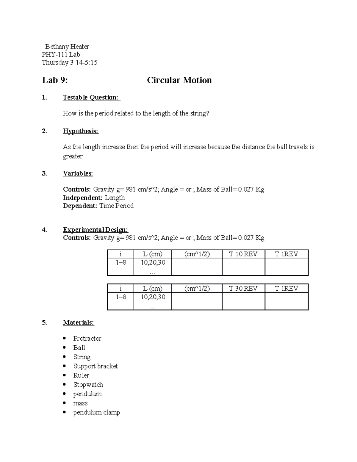 PHY111L Lab 9 Circular motion 3 - Bethany Heater PHY-111 Lab Thursday 3 ...