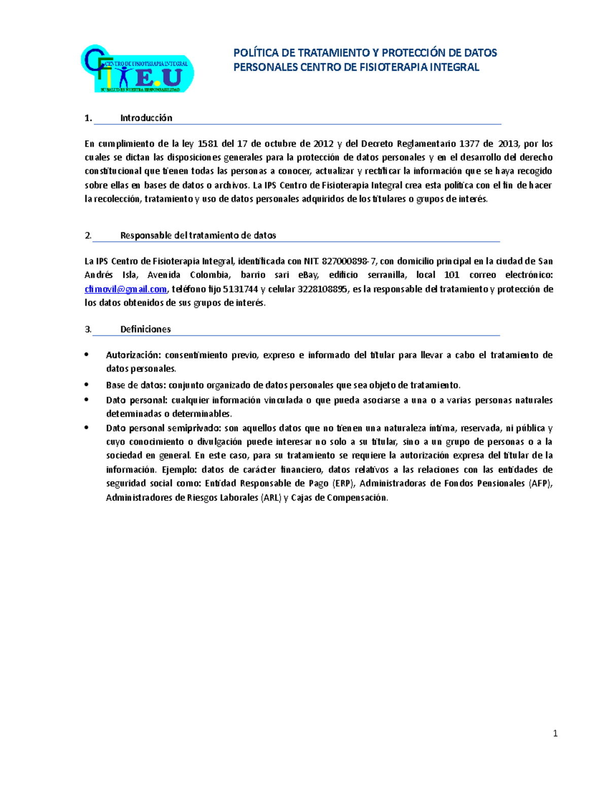 Politica tratamiento de datos - POLÍTICA DE TRATAMIENTO Y PROTECCIÓN DE ...