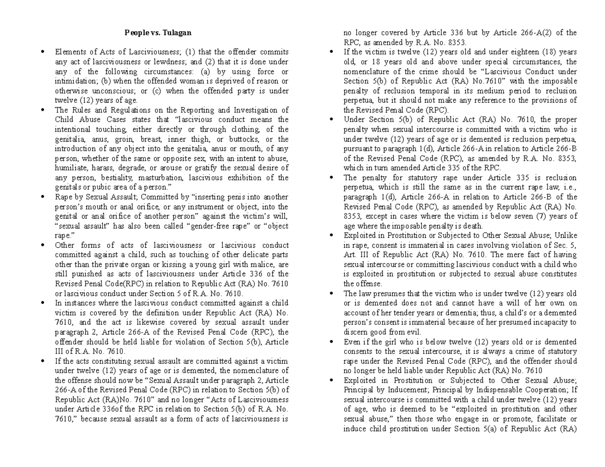 People vs. Tulagandocx - People vs. Tulagan Elements of Acts of ...