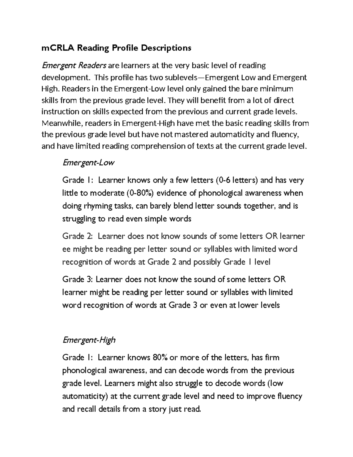 M CRLA Reading Profile Descriptions - mCRLA Reading Profile ...