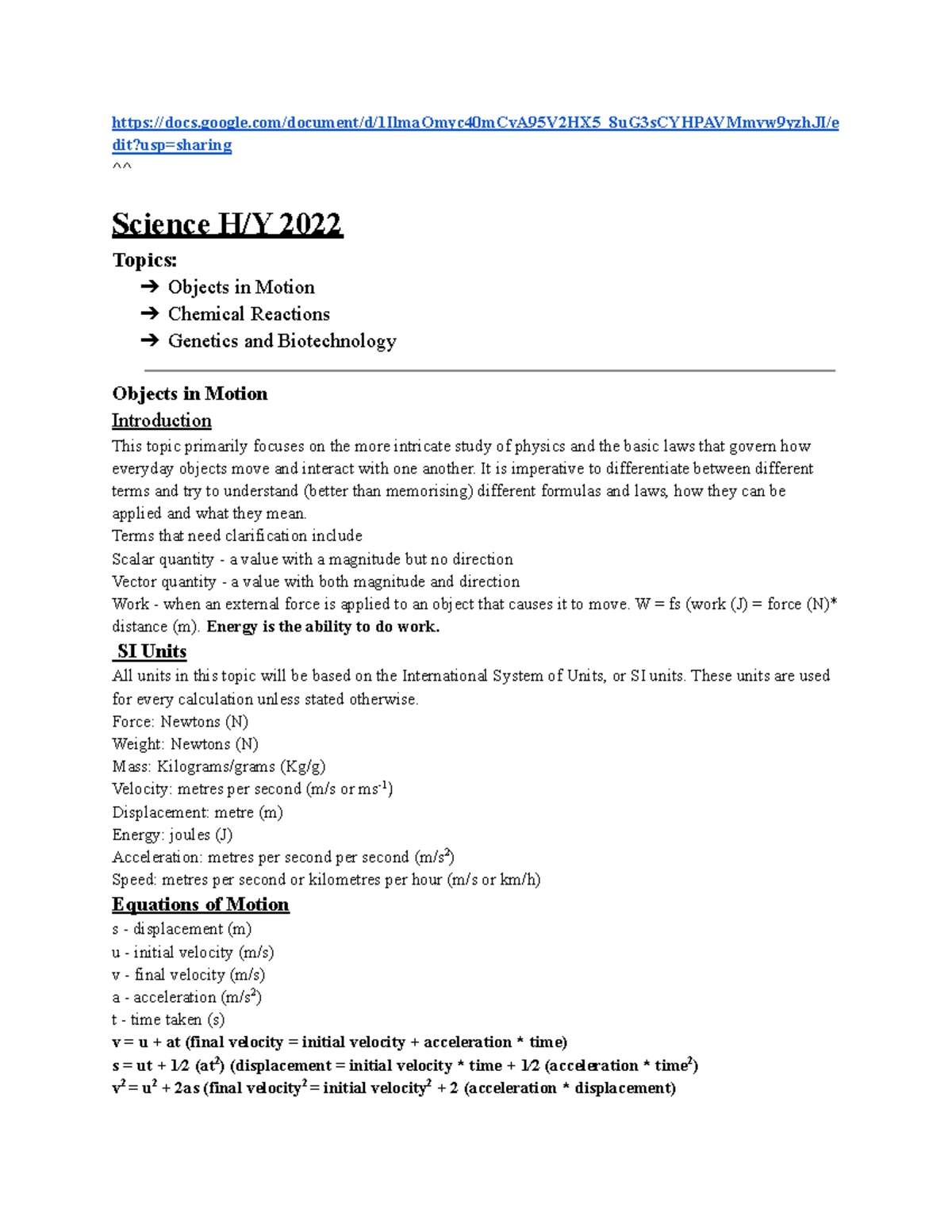 Science H Y Y10 2022 - 1i31u83u18uh1k2jdwn - - Studocu