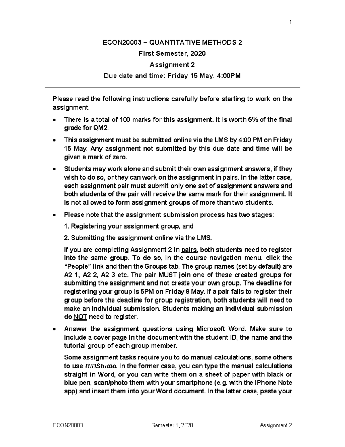 Quantitative Methods 2 Assignment 2 - 2019/2020 - ECON20003 – QUANTITATIVE METHODS 2 First ...