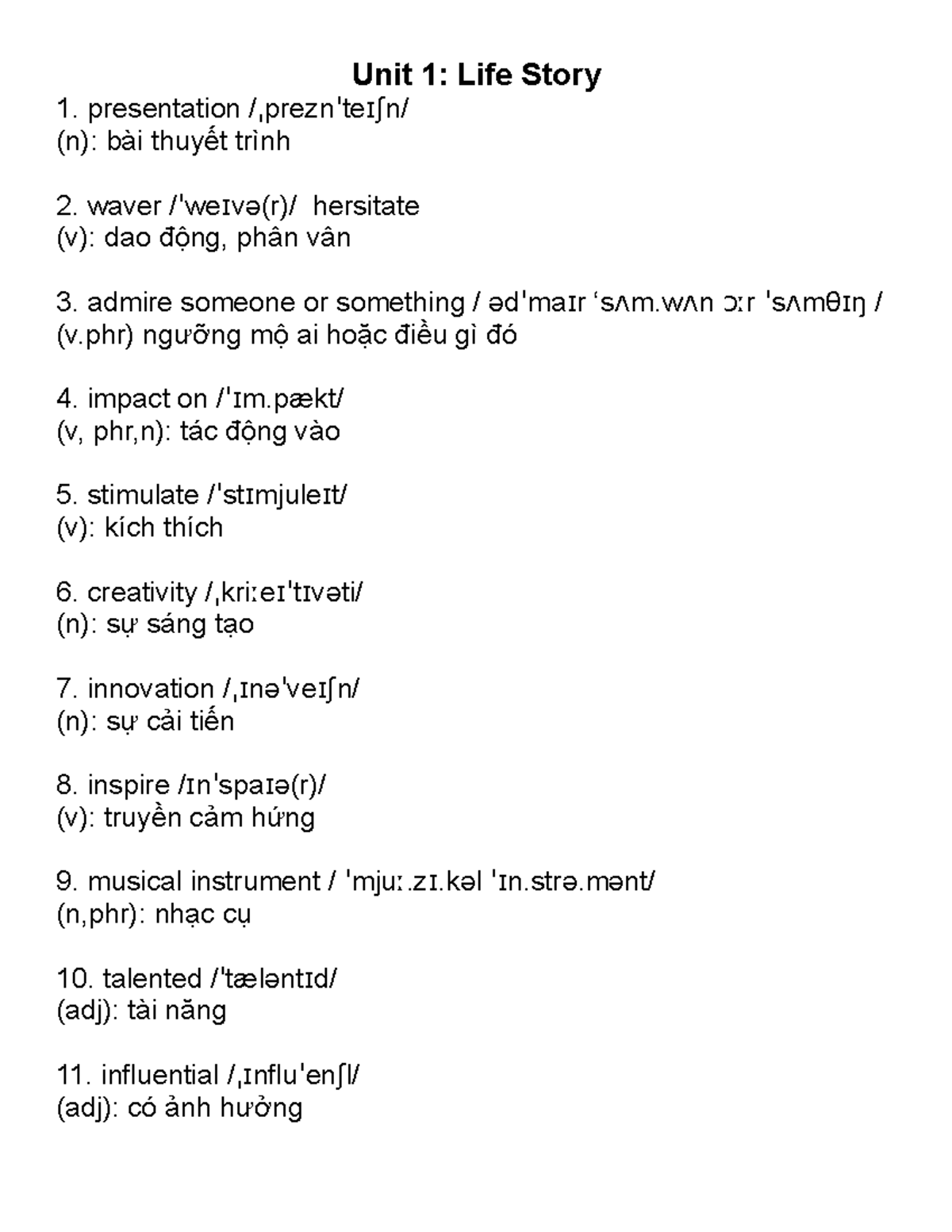 Vocab u1 - ẻdcfrvfg - Unit 1: Life Story 1. presentation / prezn teˌ ˈ ...