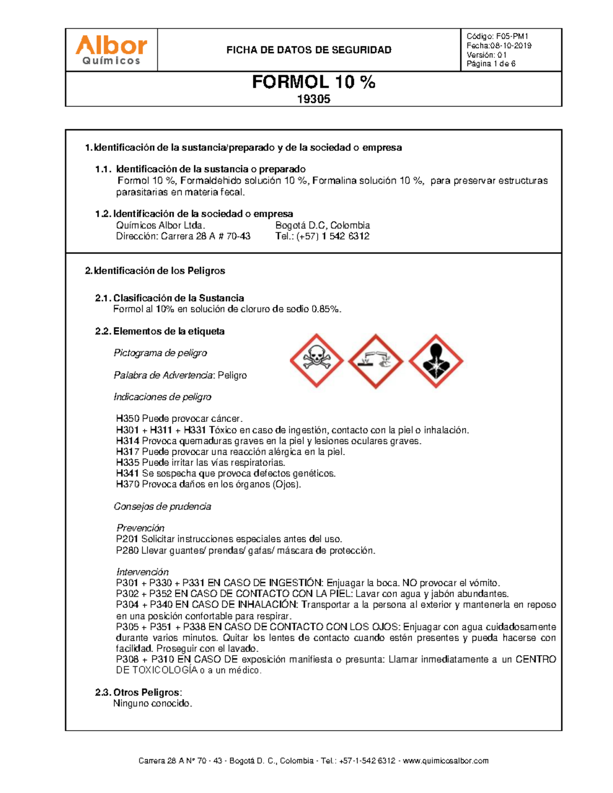 FDS-Formol-10 -2019 - Hoja de seguridad - FICHA DE DATOS DE SEGURIDAD ...
