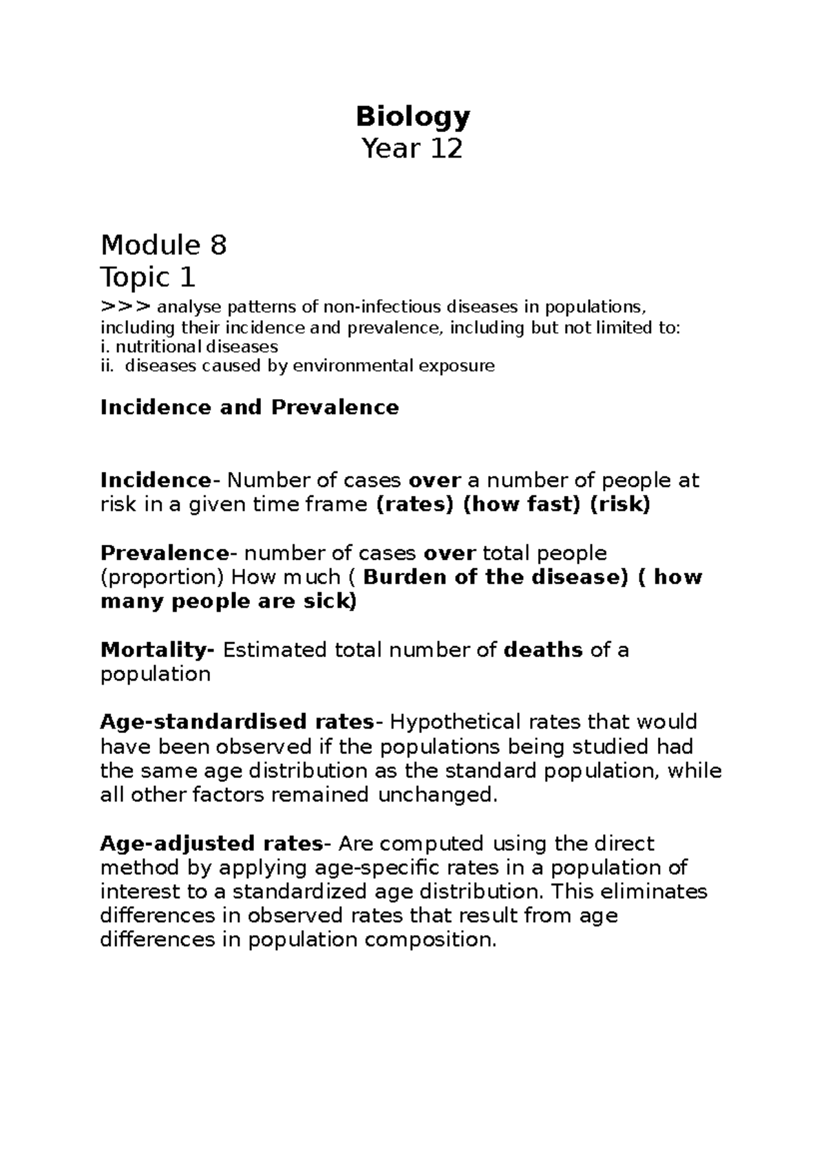 Biology - Just summaries of module 8 - Biology Year 12 Module 8 Topic 1 ...