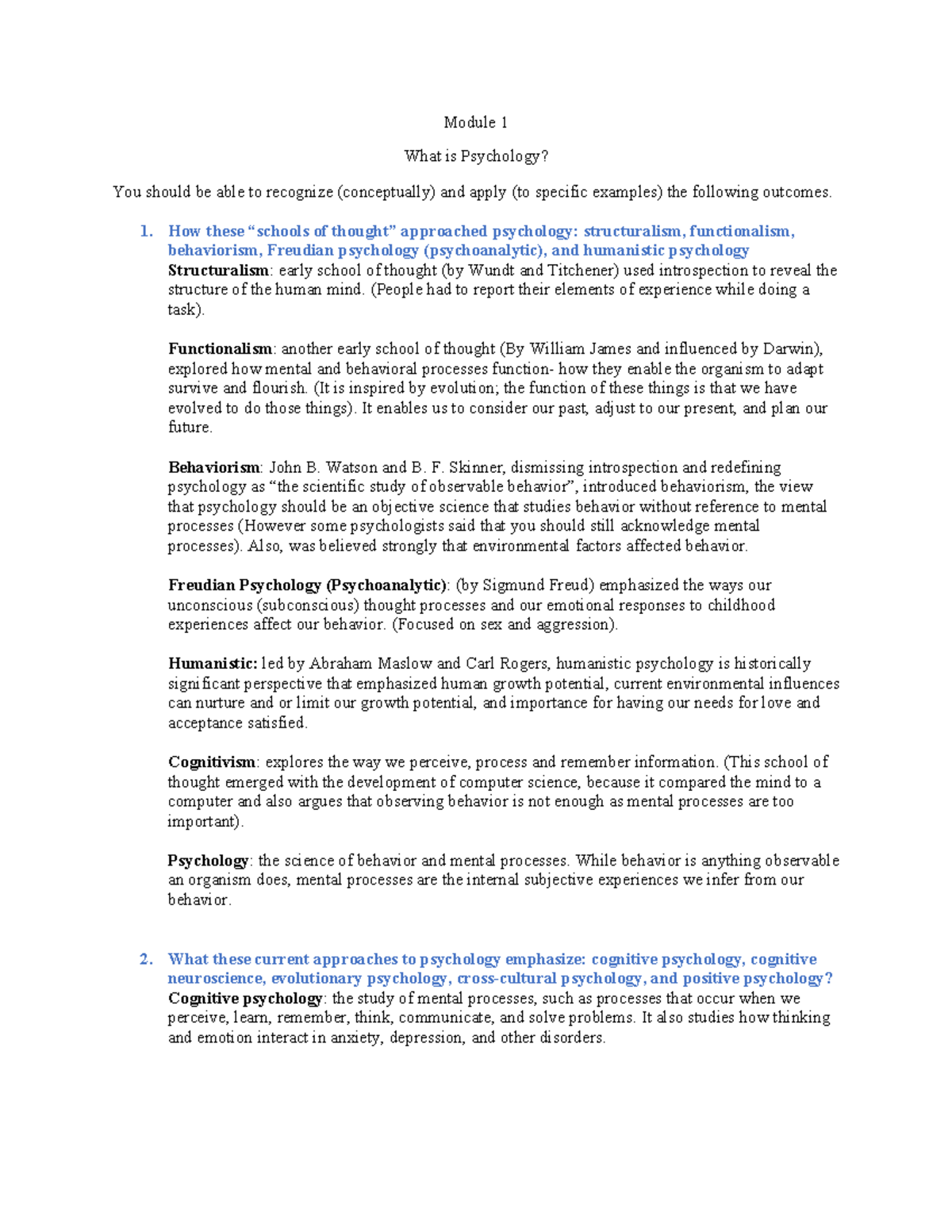 Midterm 2 Study Guide Solved for PSY 101 - Module 1 What is Psychology? You should be able to ...