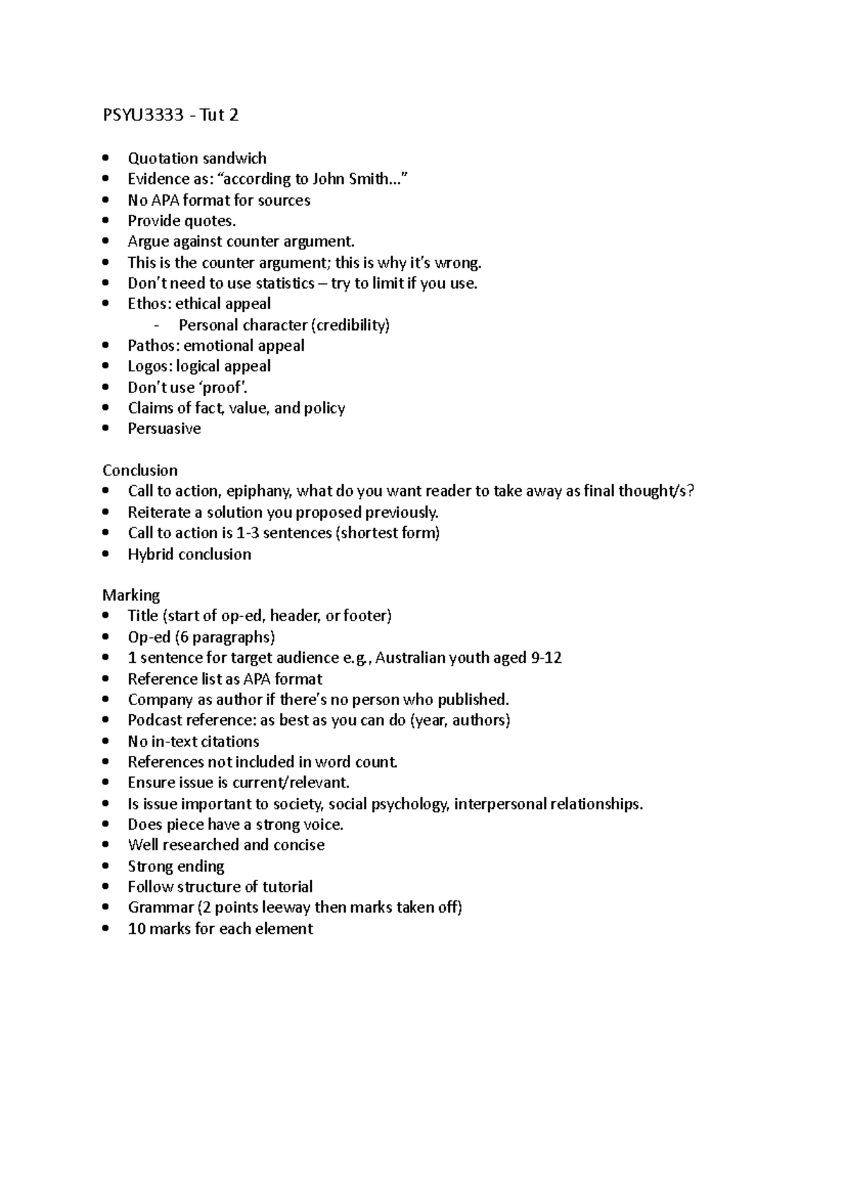 Tutorial notes one - PSYU3333 - Tut 2 Quotation sandwich Evidence as ...