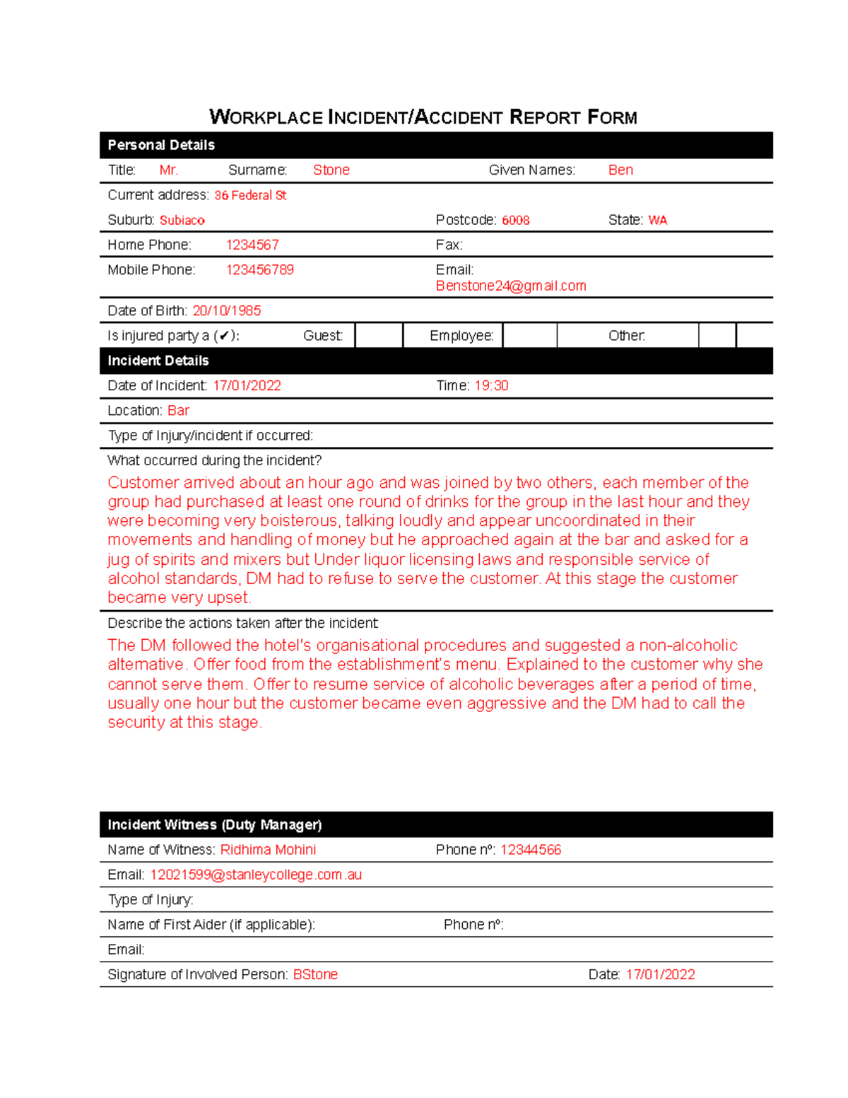 Incident Report - Assessment Booklet - WORKPLACE INCIDENT/ACCIDENT ...
