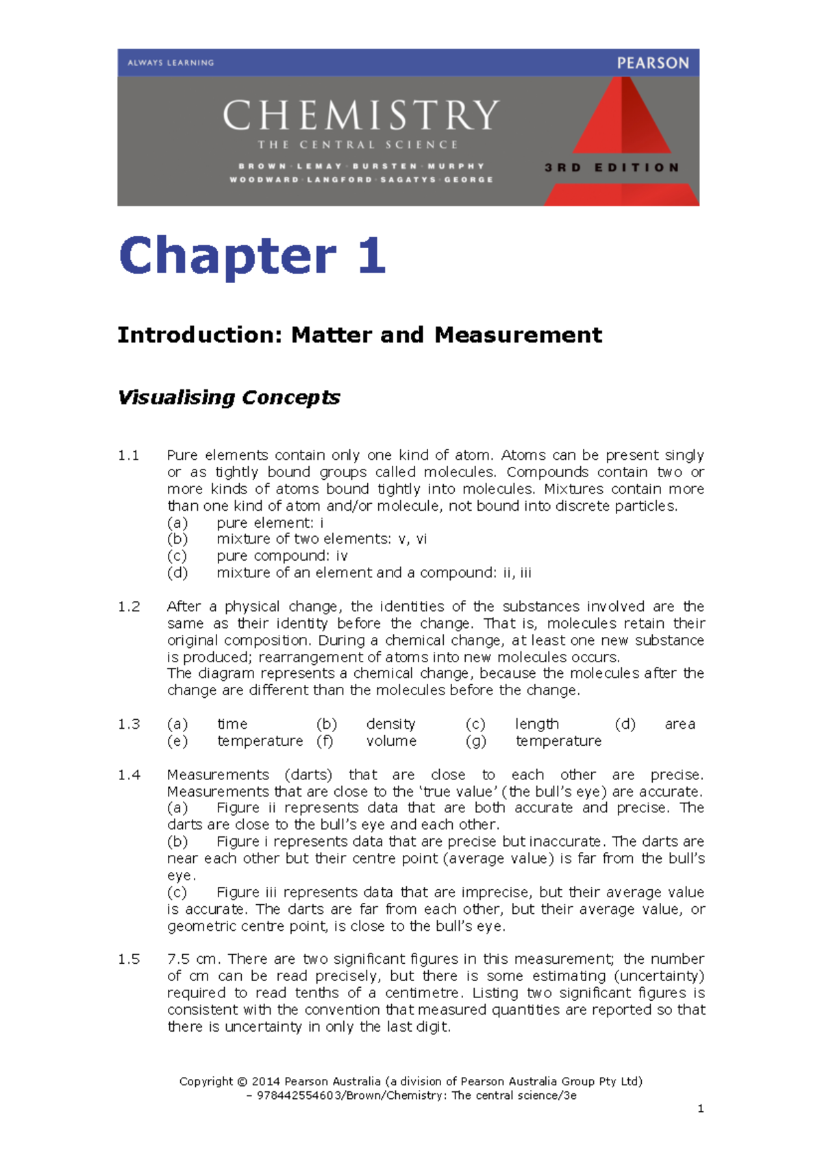 Textbook Answers Chapter 1 - Copyright © 2014 Pearson Australia (a ...