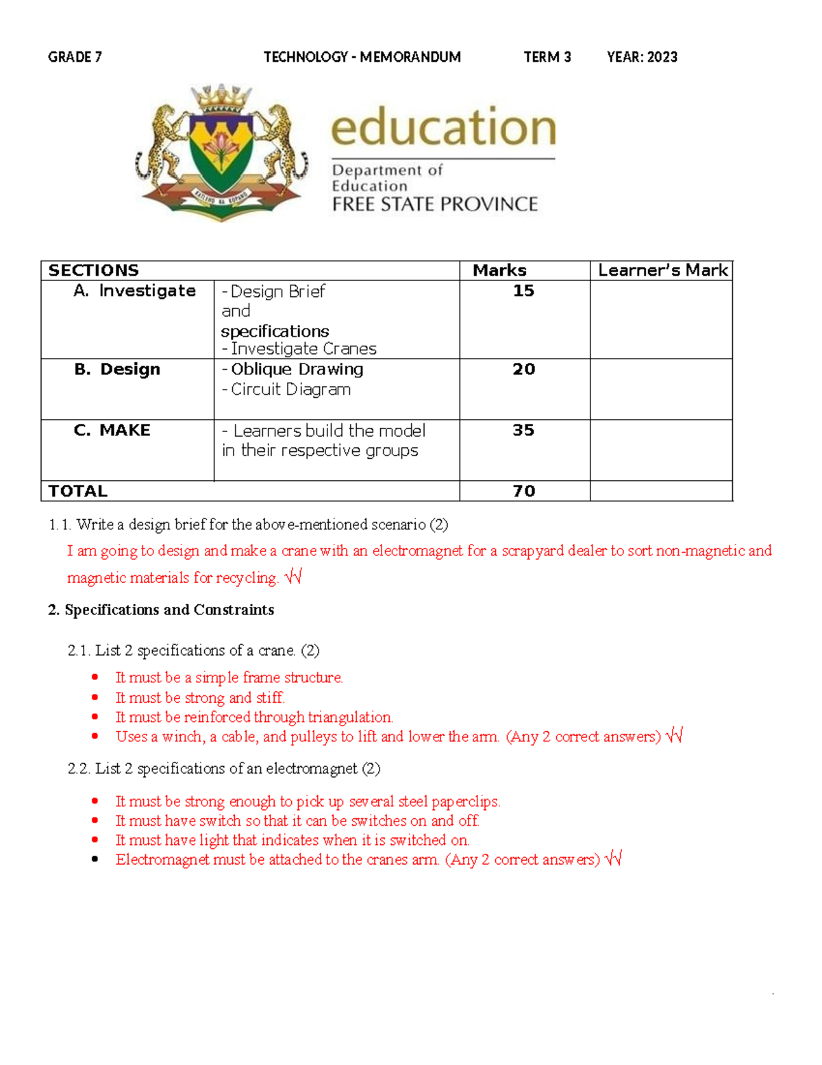 Grade 7 Technology TERM 3 Assessment MEMO 2023 240530 193714-1 ...
