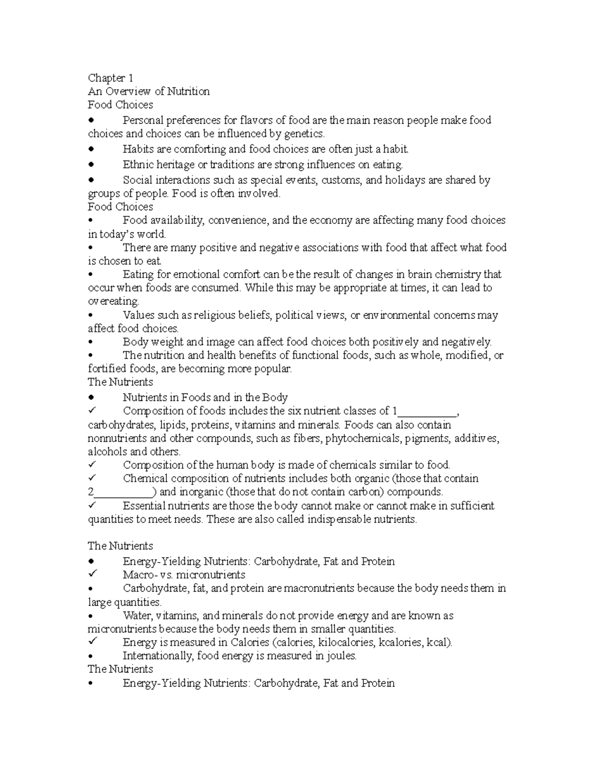 Nutrition Chapter 1 Notes - Chapter 1 An Overview of Nutrition Food ...