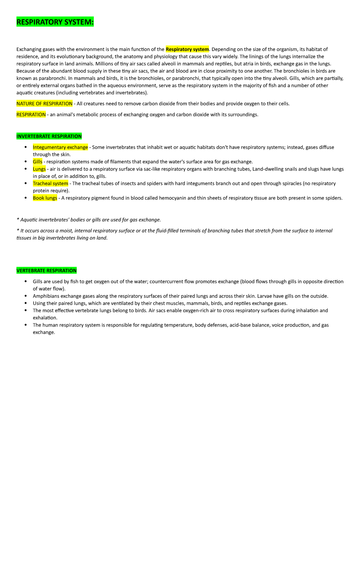 Notes on the Respiratory System of Animals - RESPIRATORY SYSTEM ...