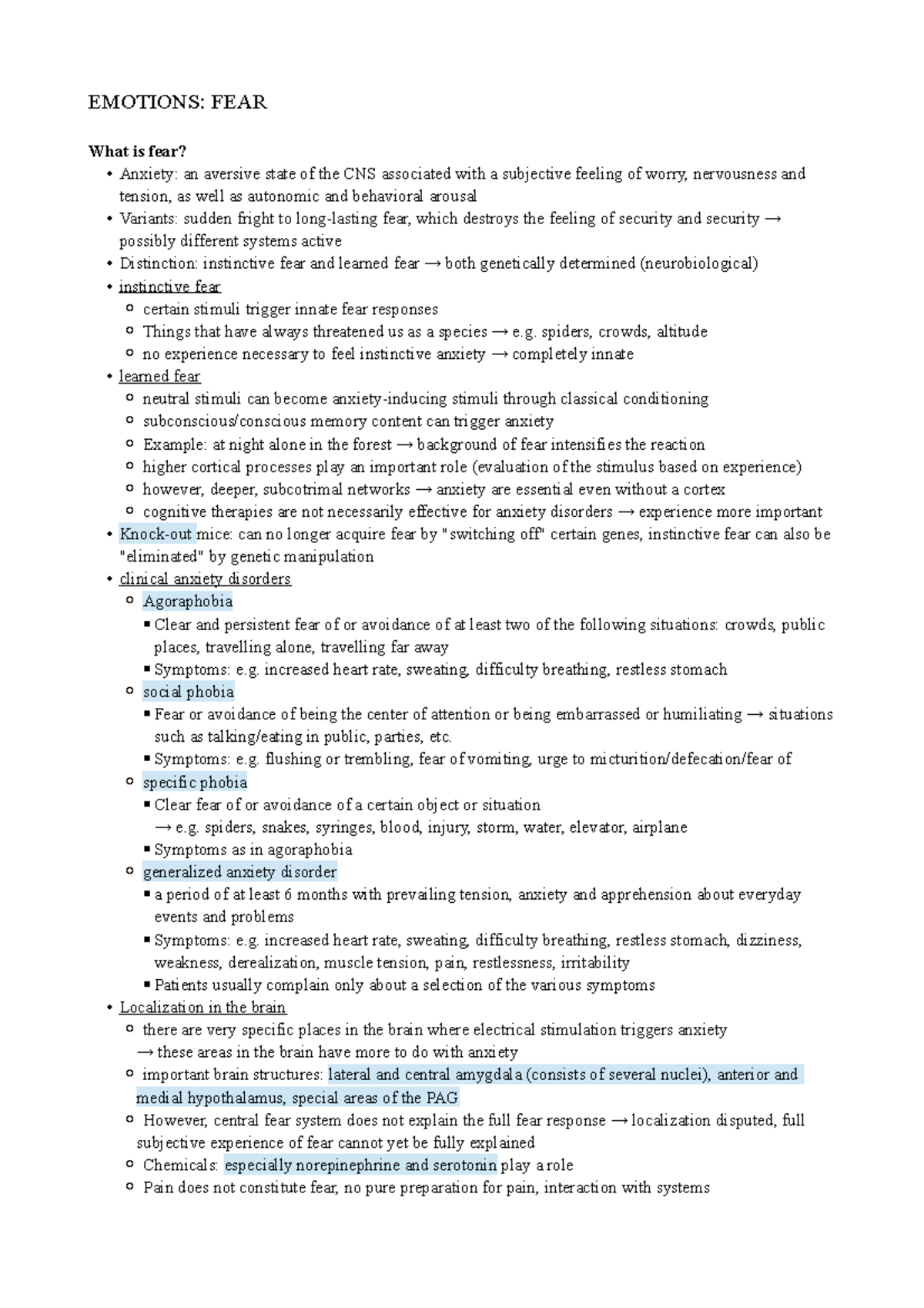 Summary Lecture 12 - Emotions: Fear - EMOTIONS: FEAR What is fear ...