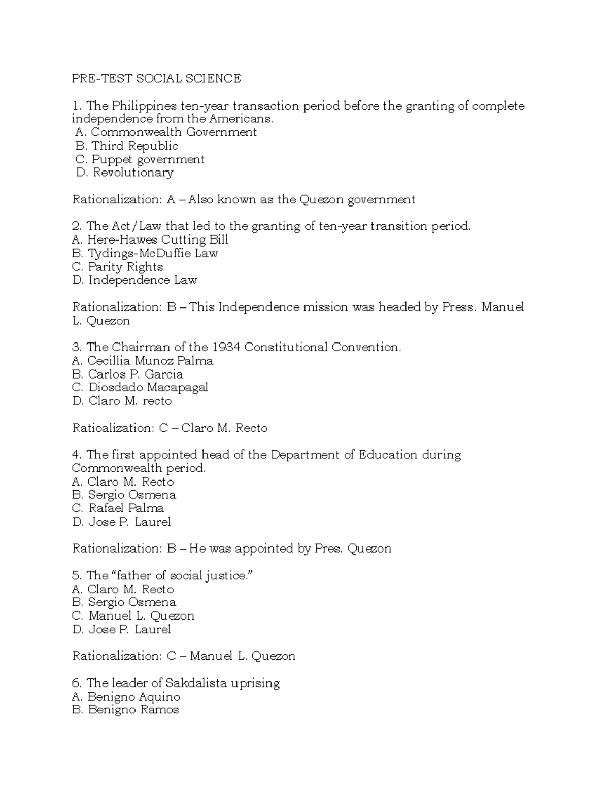 PRE TEST AND Posttest Social Science 2024 - PRE-TEST SOCIAL SCIENCE The ...