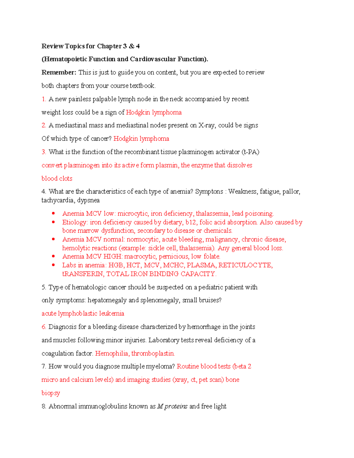 Patho study guide chap 3&4 - Copy - Review Topics for Chapter 3 & 4 (Hematopoietic Function and ...