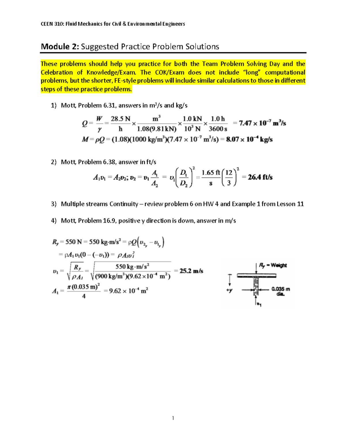 CEEN 310 Module 2 Review Problems Solutions - CEEN 310: Fluid Mechanics ...