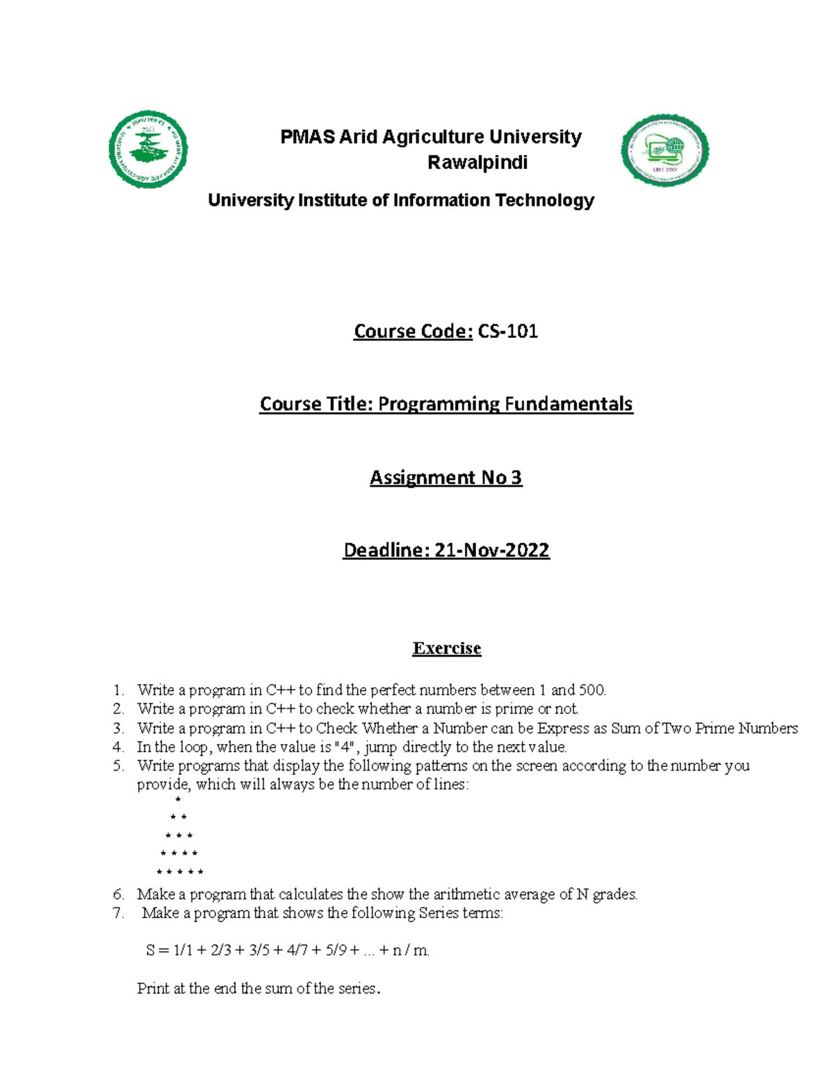 Assignment No 3 - PMAS Arid Agriculture University Rawalpindi ...