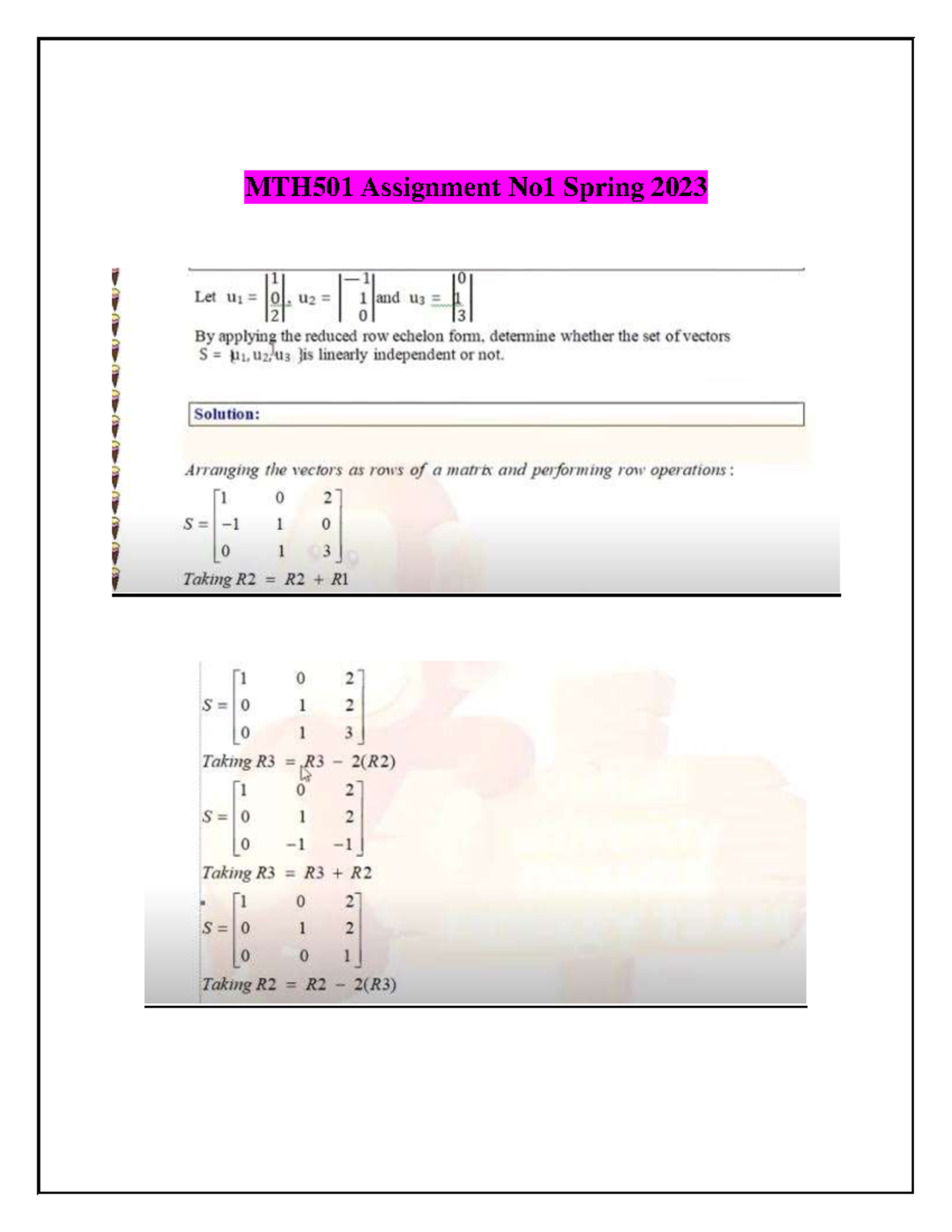 MTH501 Assignment - its very good thing - Linear Algebra - MTH501 Assignment No1 Spring - Studocu