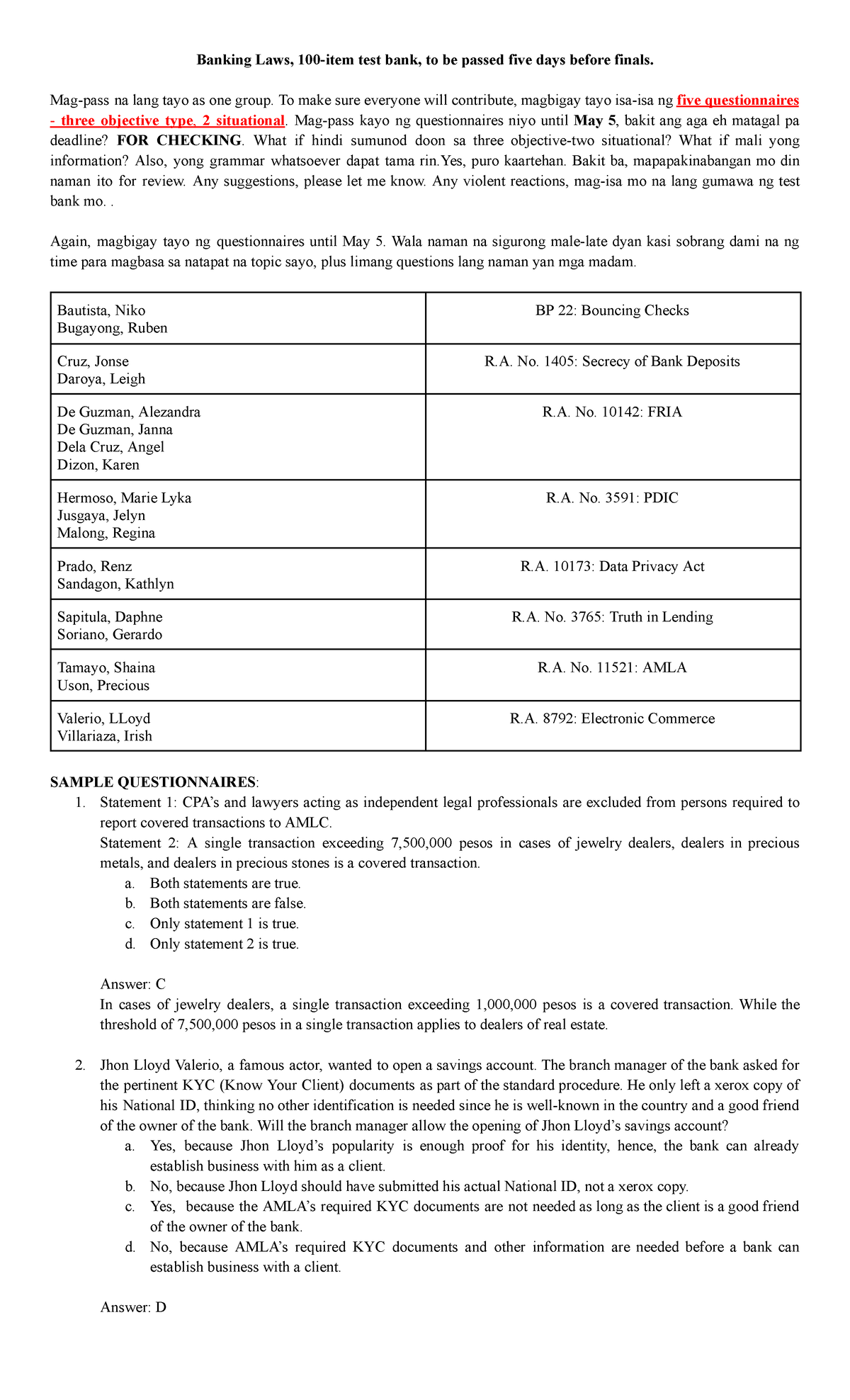 sample-question - Banking Laws, 100-item test bank, to be passed five ...