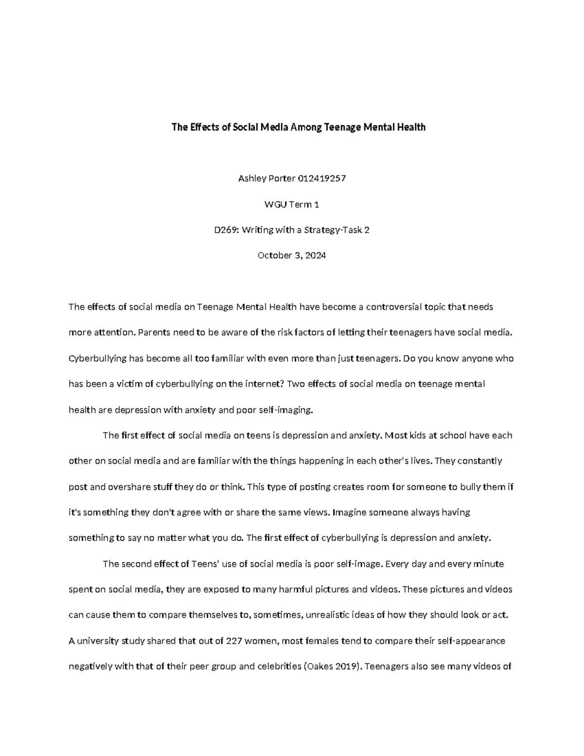D269 Task 2: Professional Essay - The Effects of Social Media Among ...