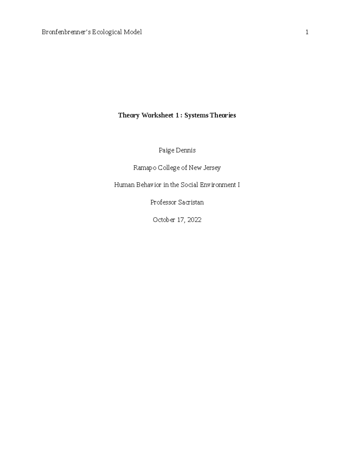 Bronfenbrenner’s Ecological Model - Theory Worksheet 1 : Systems ...