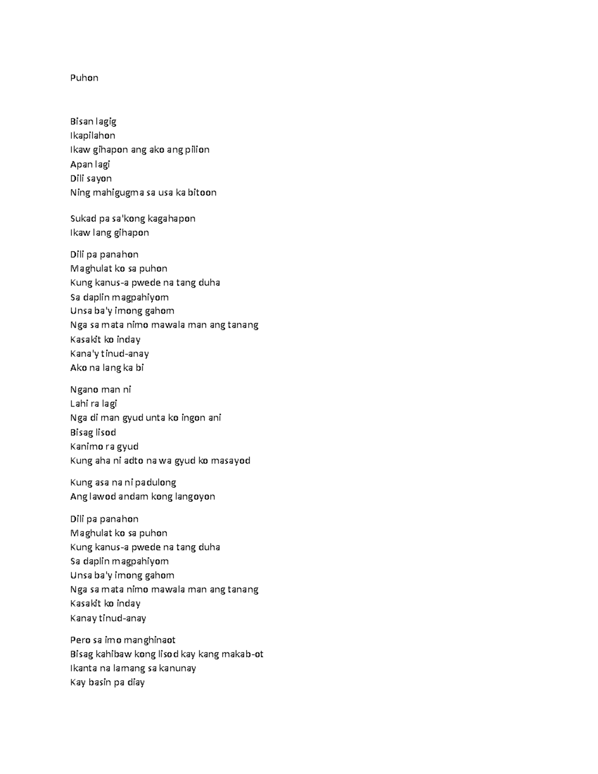 Puhon lyrics - fnffj - Puhon Bisan lagig Ikapilahon Ikaw gihapon ang ...