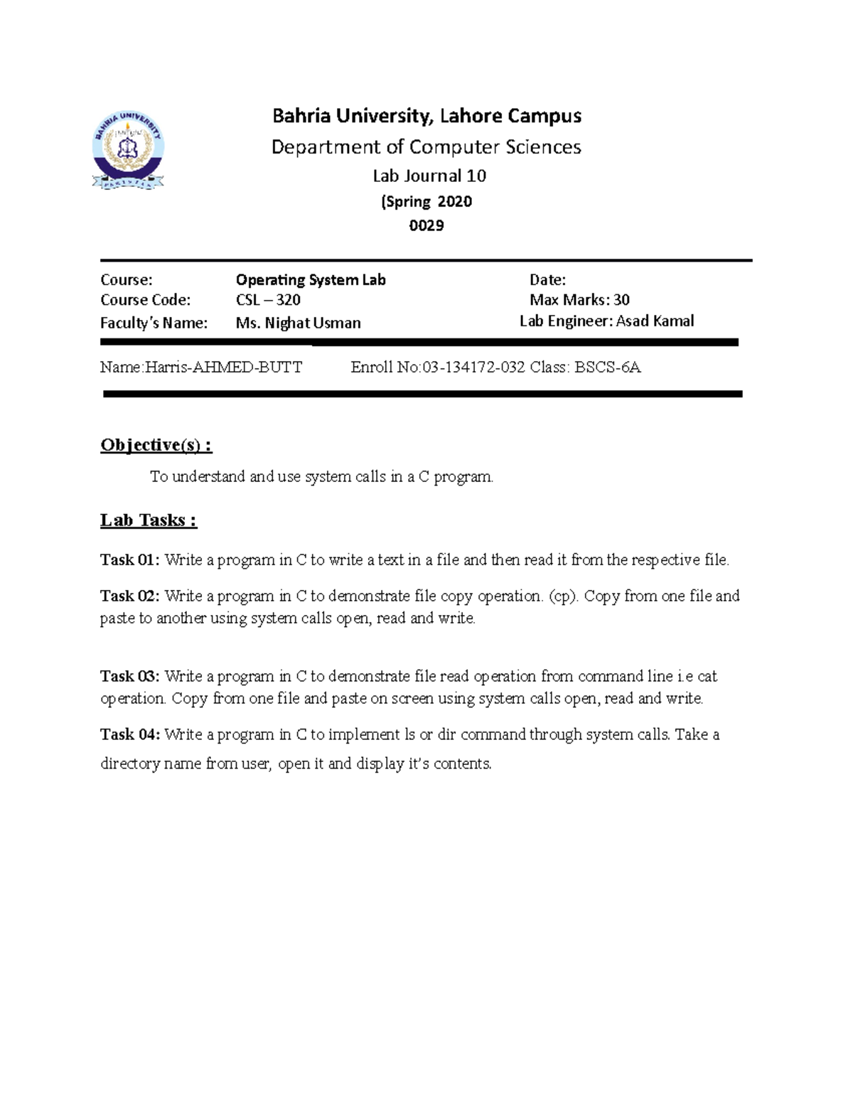 Lab10 Solved Lab Task Bahria University Lahore Campus Department Of Computer Sciences Lab