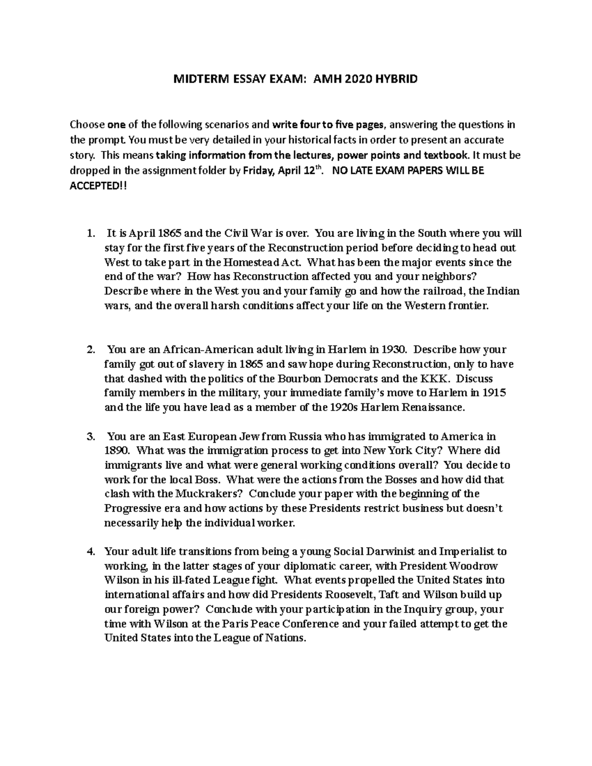 AMH2020 Spring BMidterm - MIDTERM ESSAY EXAM: AMH 2020 HYBRID Choose ...