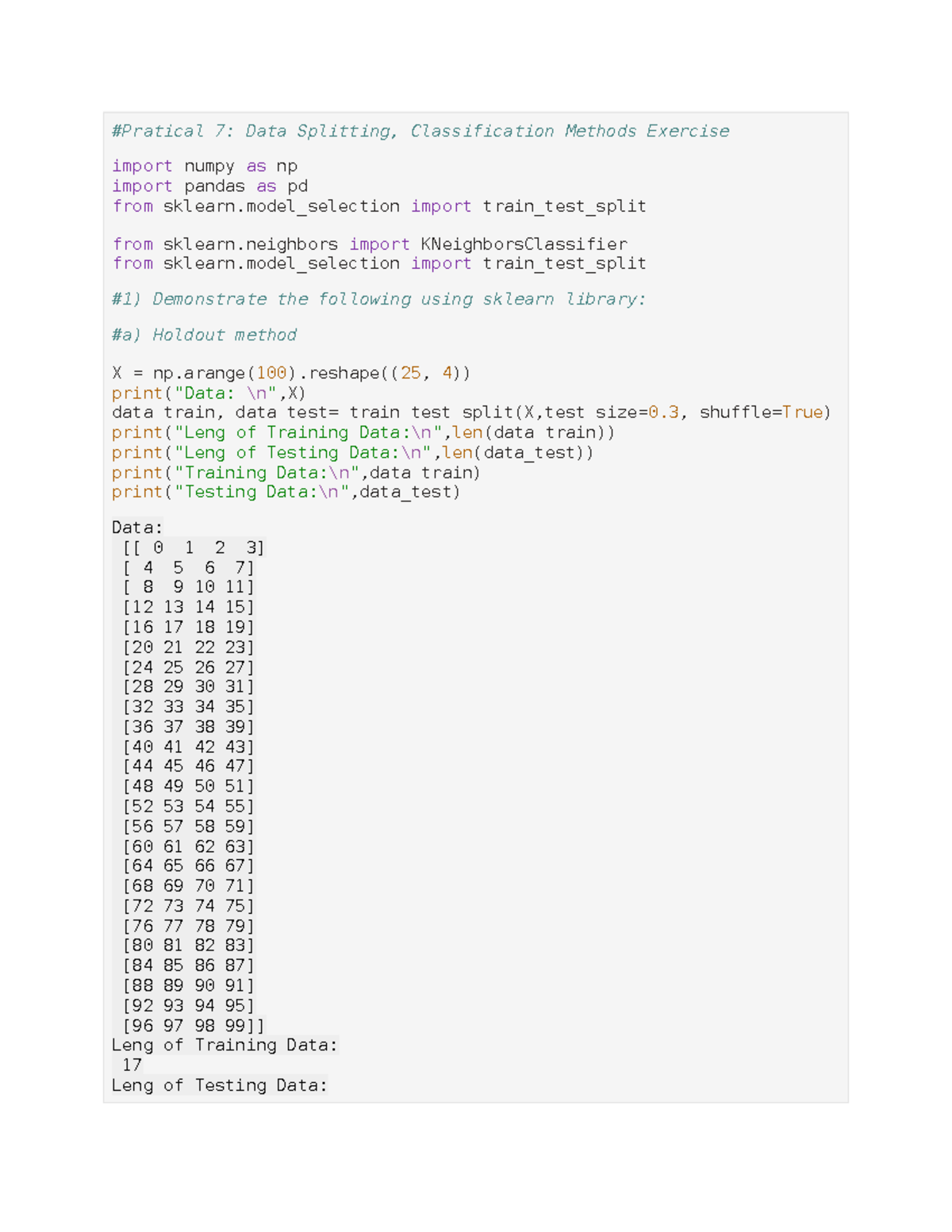 Ml07 Practical Pratical 7 Data Splitting Classification Methods Exercise Import Numpy As