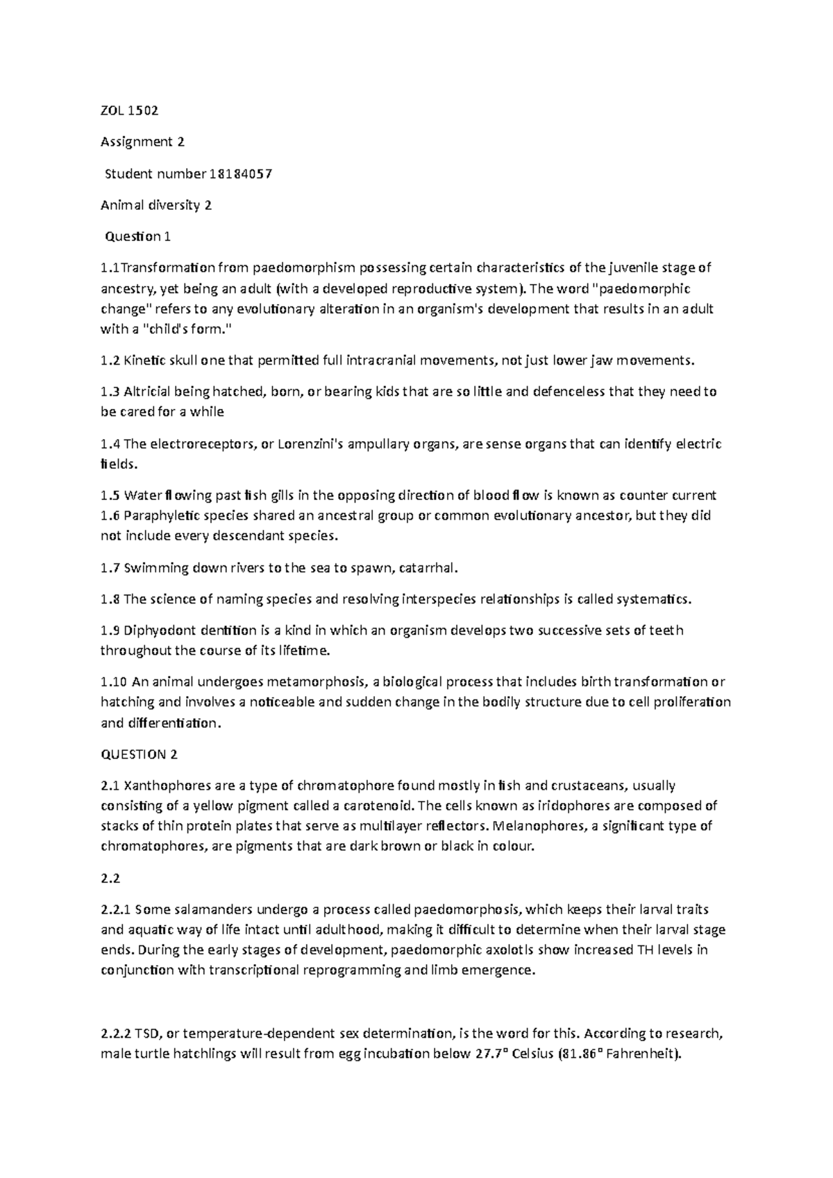 18184057 ZOL 1502 Assign 2 - ZOL 1502 Assignment 2 Student number ...