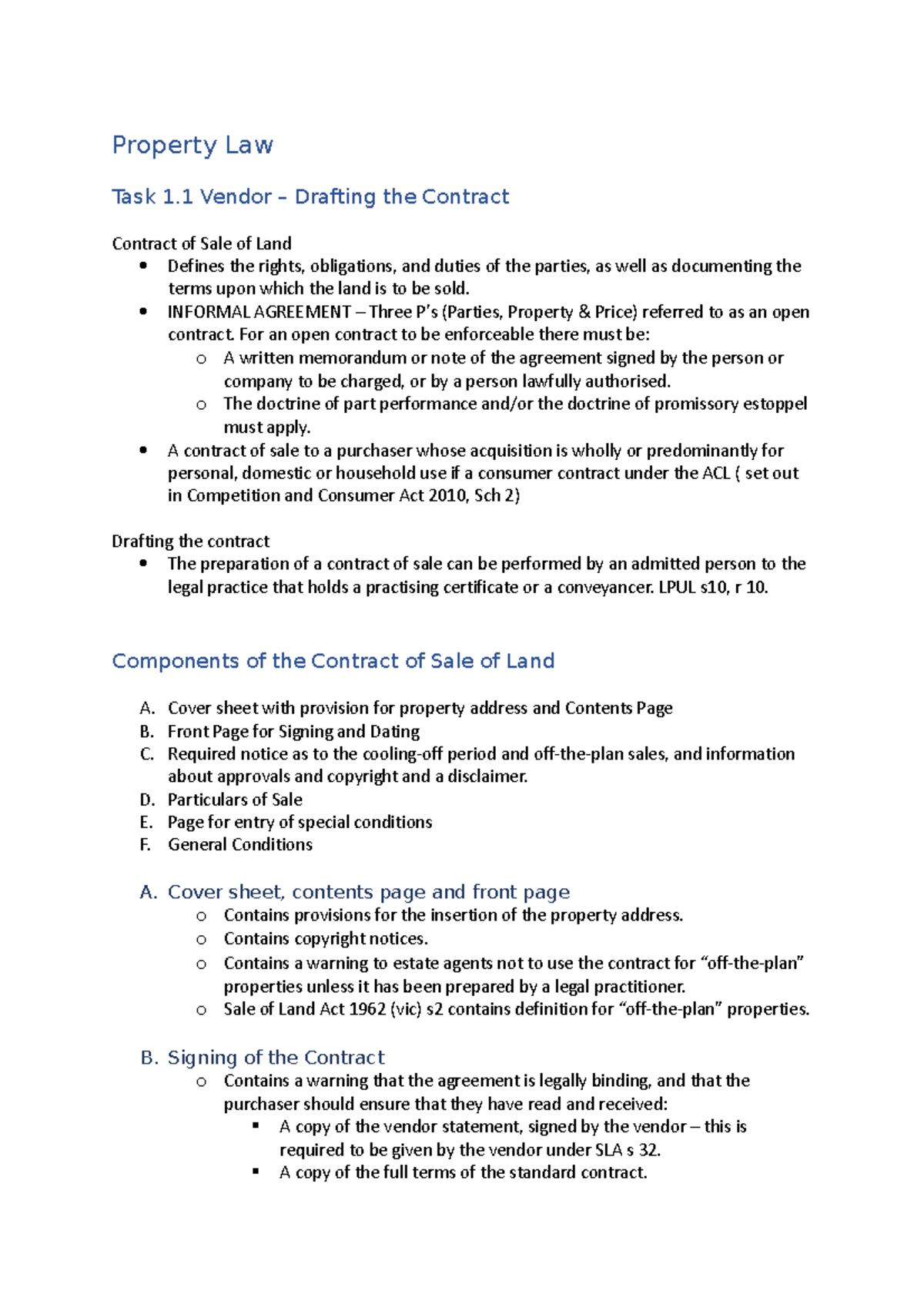 Property Law - notes - Property Law Task 1 Vendor – Drafting the ...