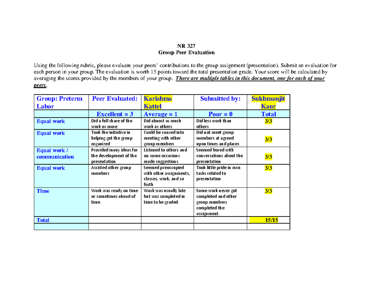 Student peer 327 - NR 327 - NR 32 7 Group Peer Evaluation Using the ...
