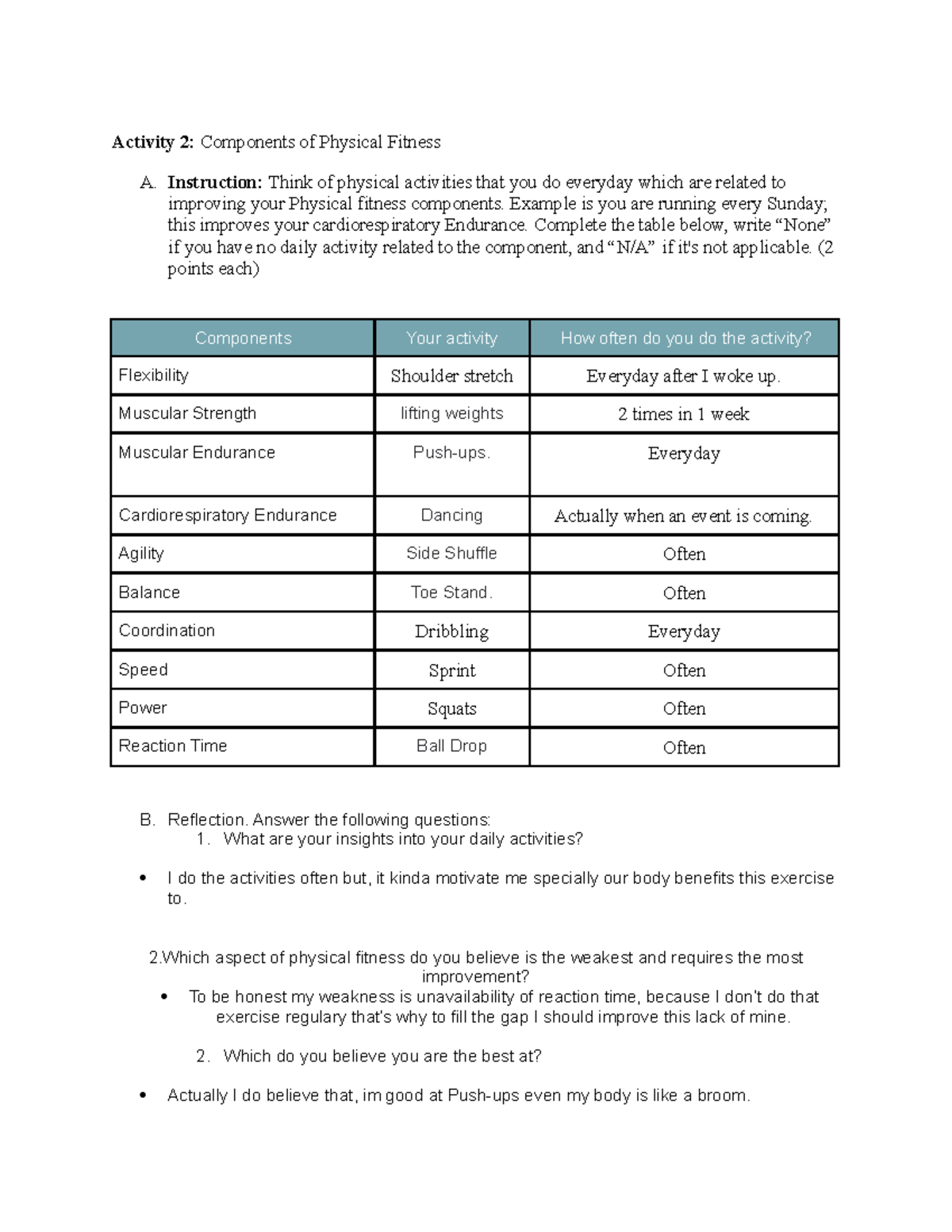 Act2 - AKdxn AIDVbndvnASPvoaawc - Activity 2: Components of Physical ...