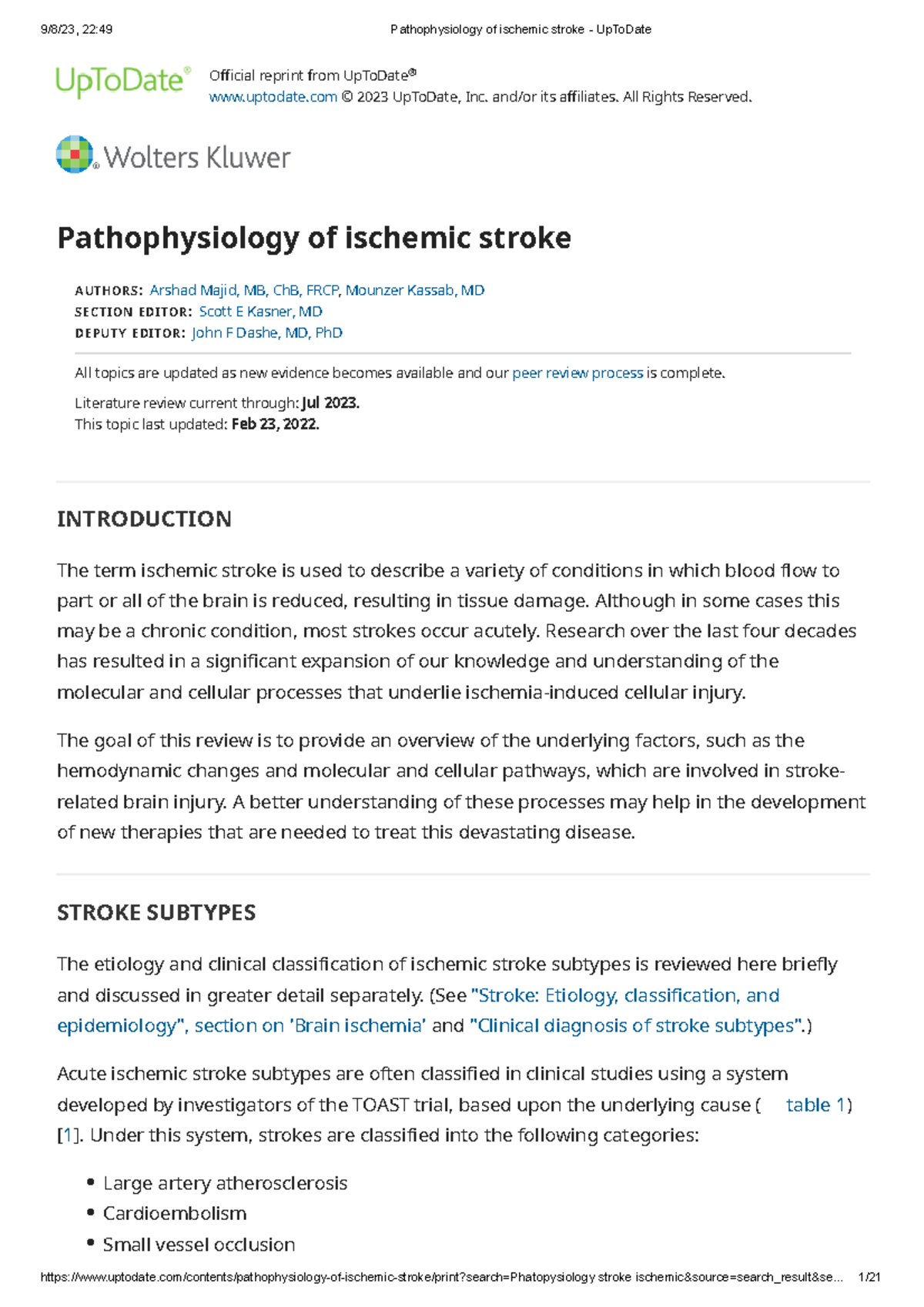 Pathophysiology of ischemic stroke - Up To Date - - Studocu