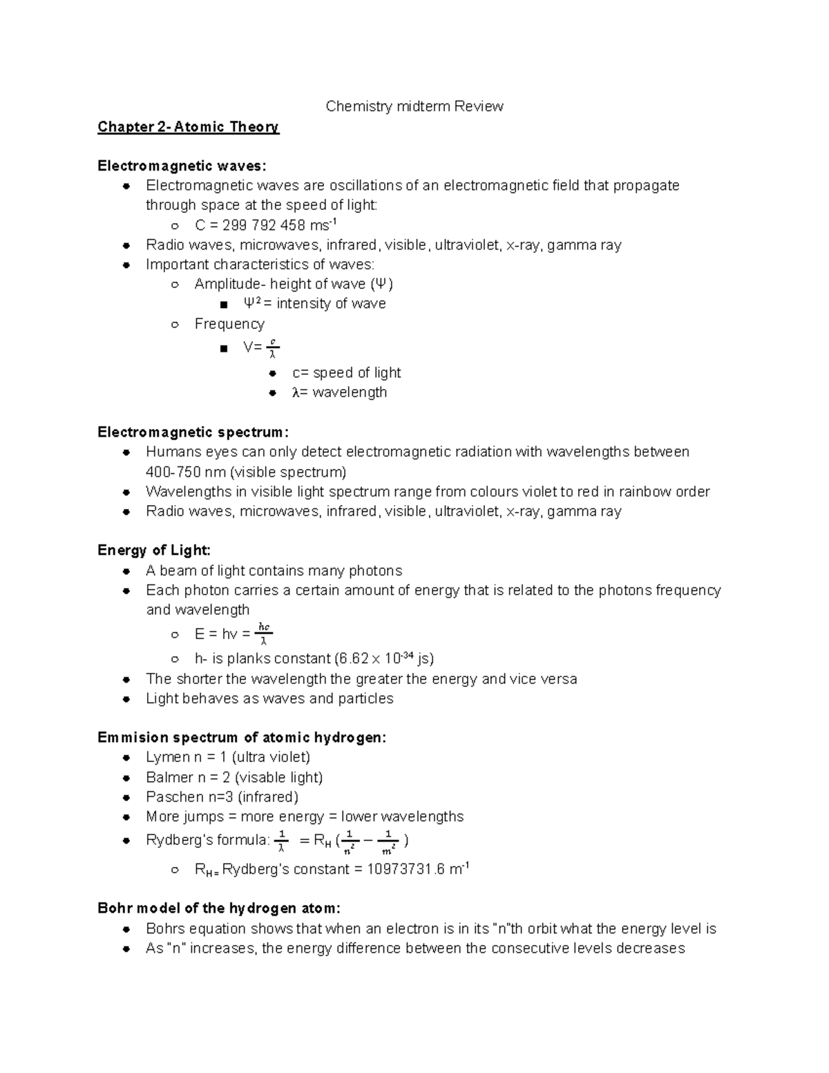 Chemistry midterm Review - Chemistry midterm Review Chapter 2- Atomic ...