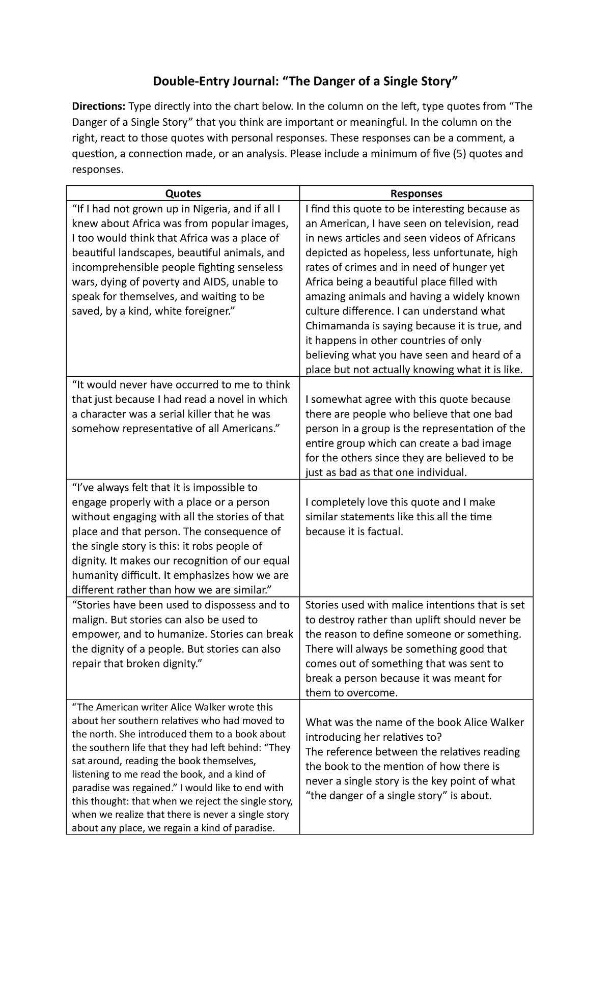 Double-entry Journal - In the column on the left, type quotes from “The ...