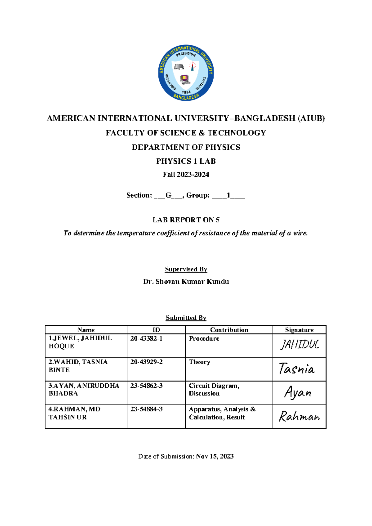 Experiment 5 [G] Group-1 - AMERICAN INTERNATIONAL UNIVERSITY–BANGLADESH ...