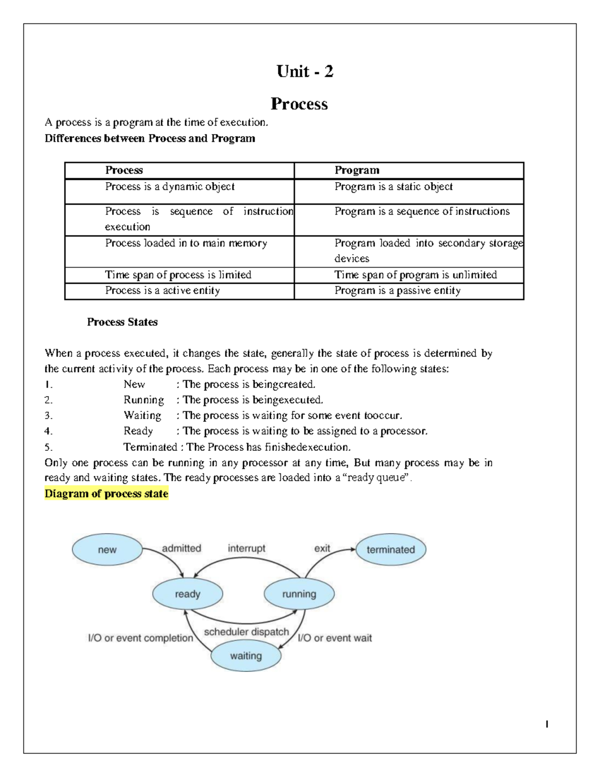 Unit 2 - Lecture notes for unit 2 - 1 Unit - 2 Process A process is a ...