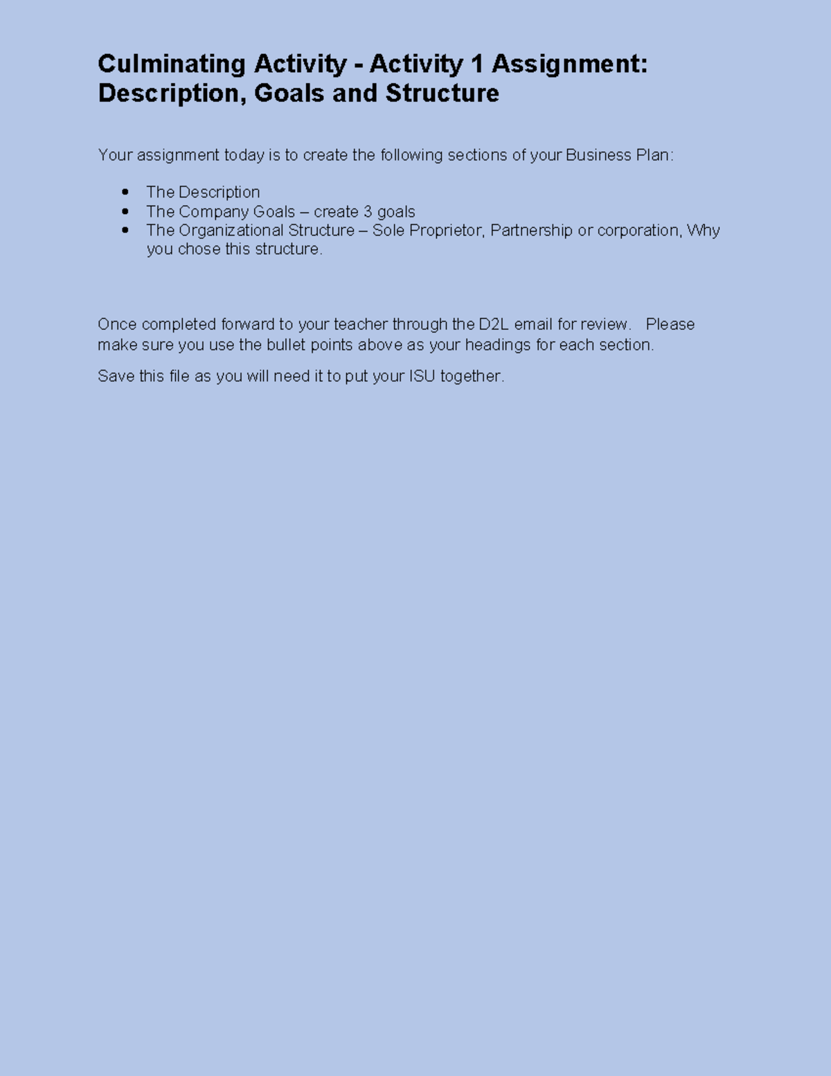 Activity 1 Assignment - Goals Descrip - Culminating Activity - Activity ...