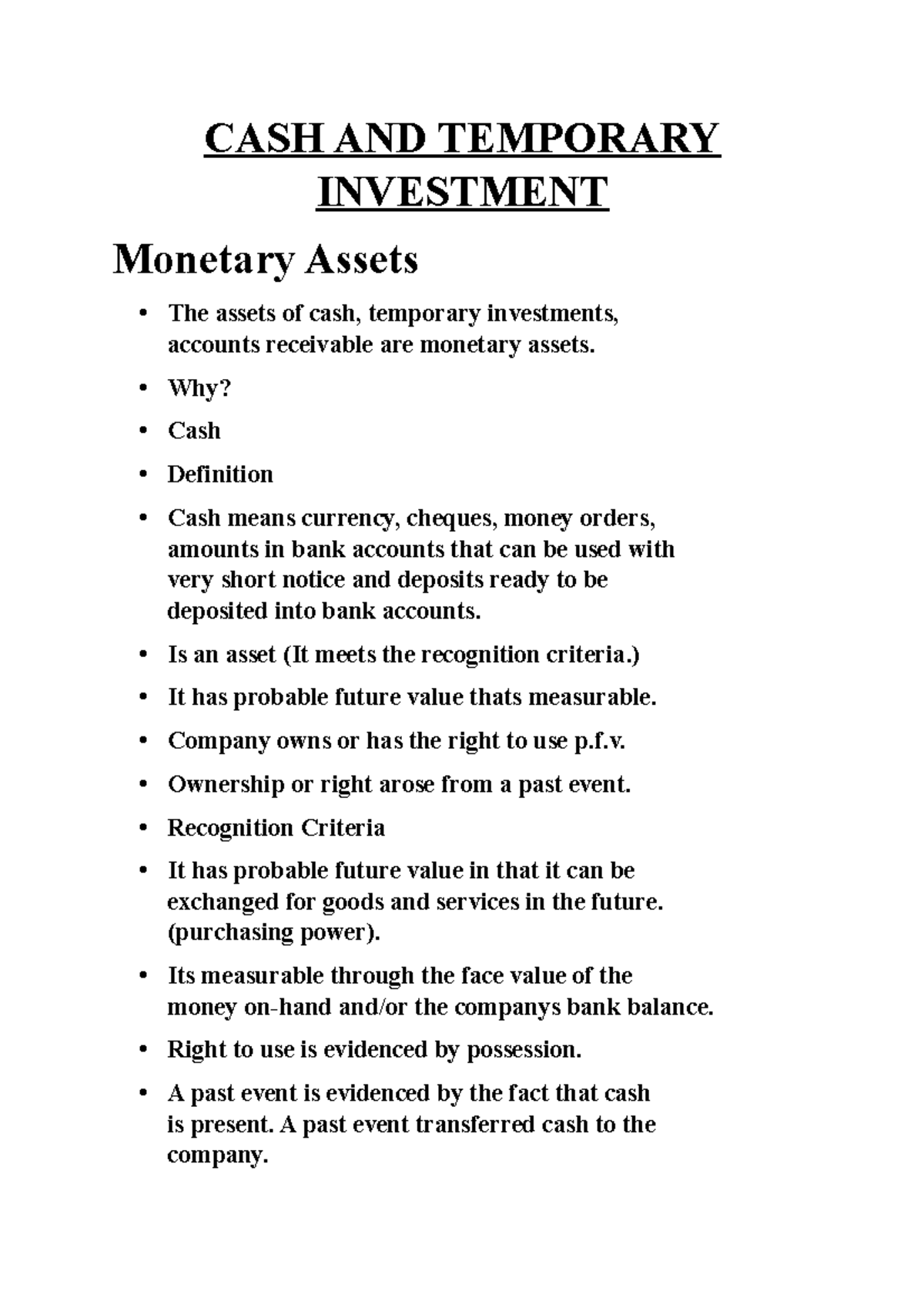 CASH AND Temporary Investment - CASH AND TEMPORARY INVESTMENT Monetary ...