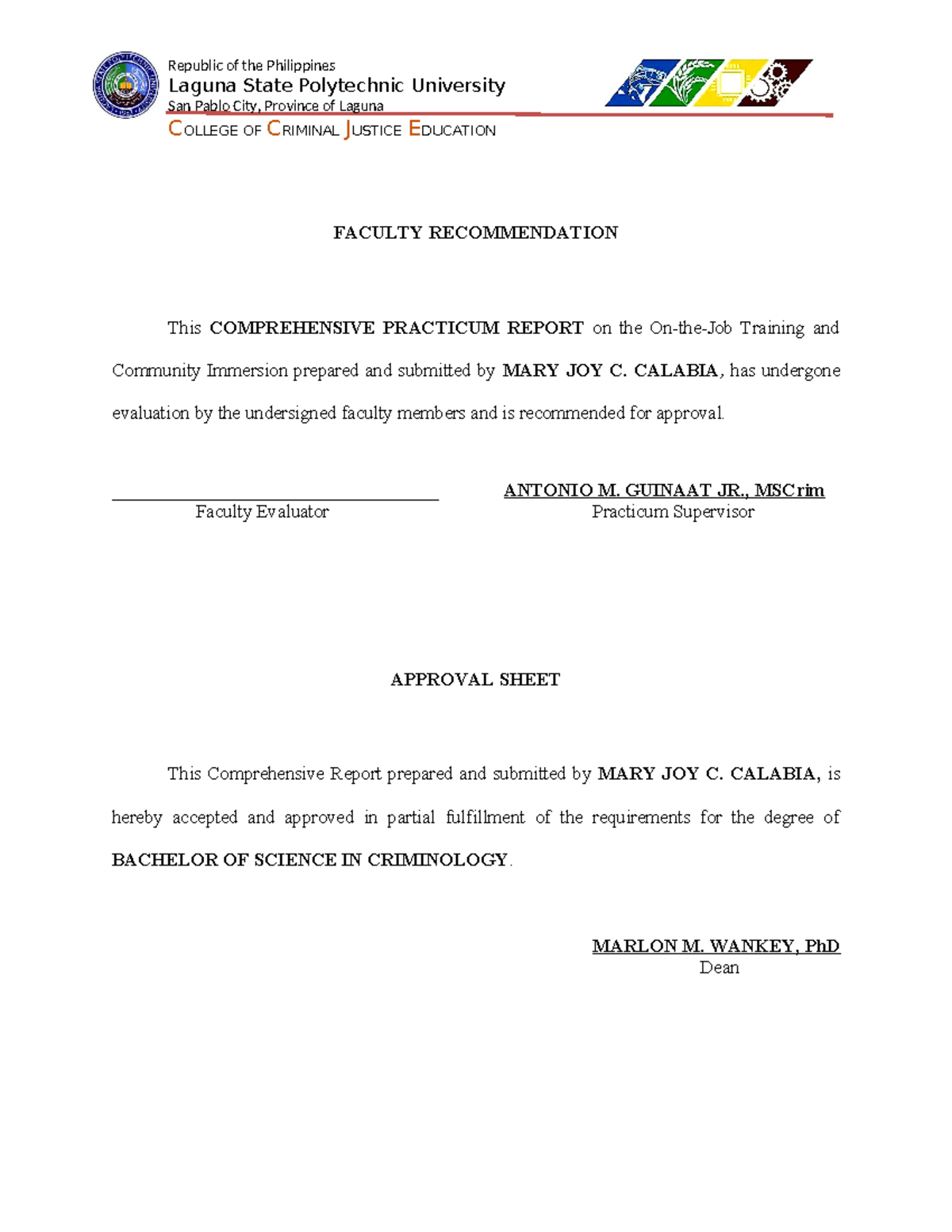 03 Calabia Recom & Approv - Republic of the Philippines Laguna State ...