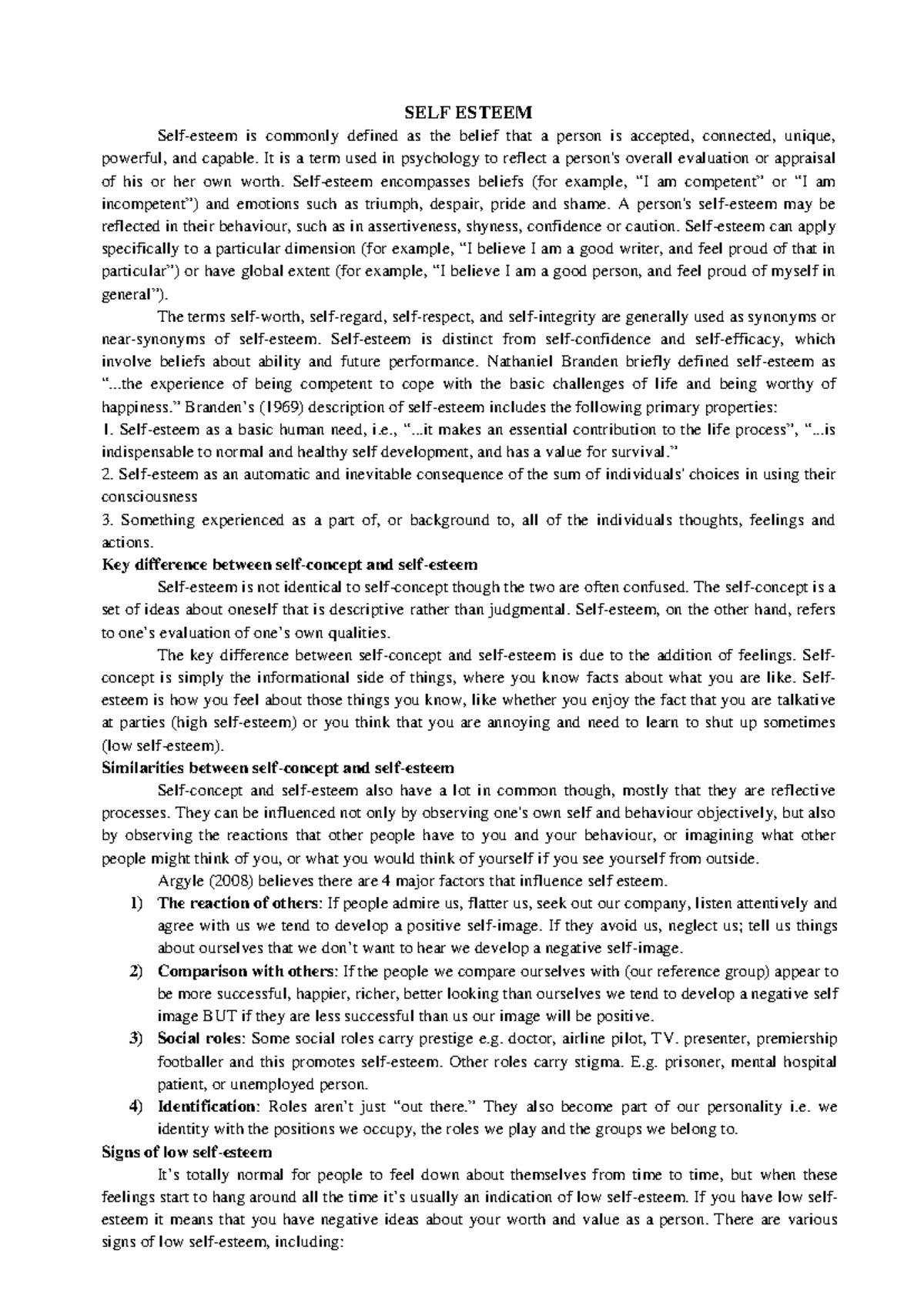 Self Esteem - Module 2 Edu 402 - SELF ESTEEM Self-esteem is commonly ...