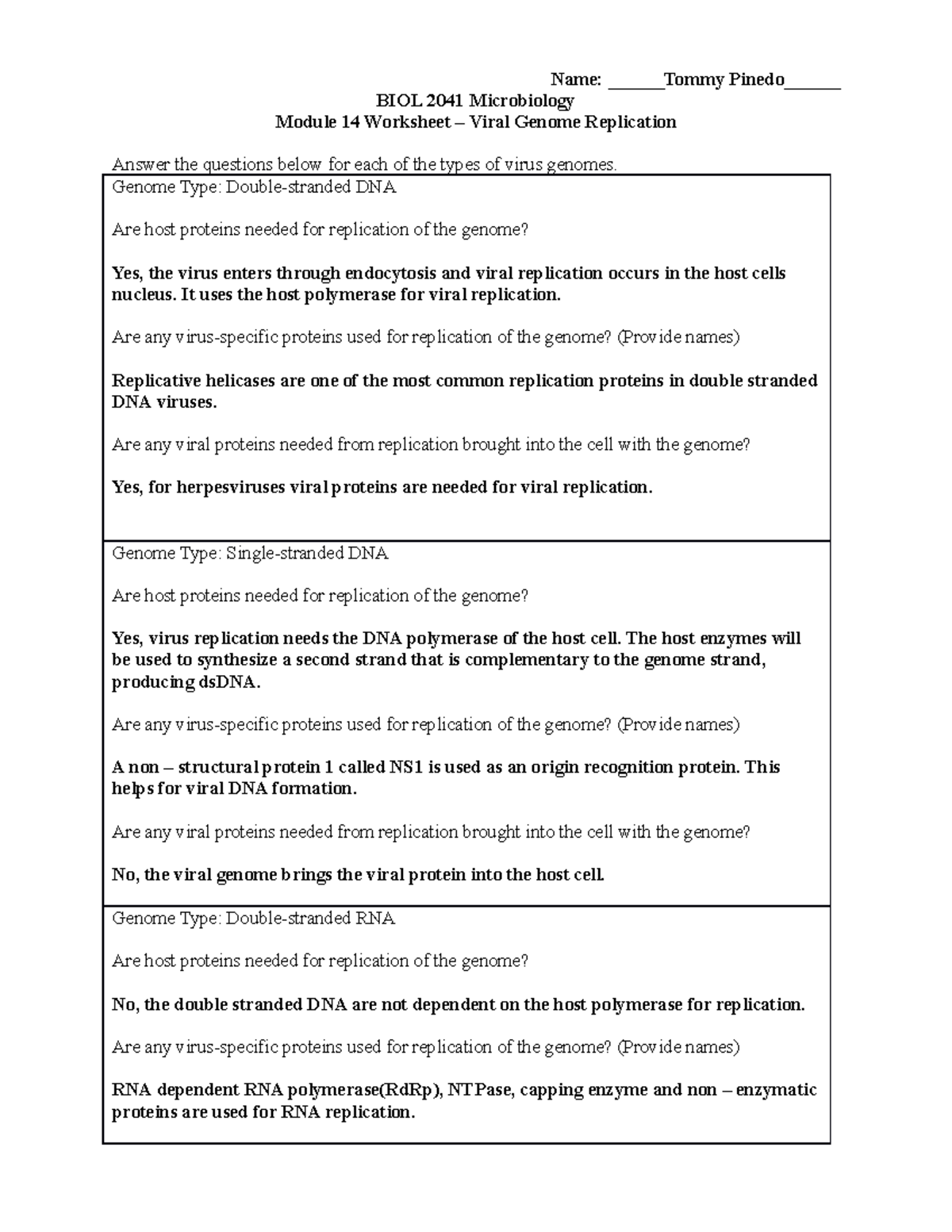 Tommy Pinedo BIOL 2041 Module 14 Viral Genome Replication Worksheet ...