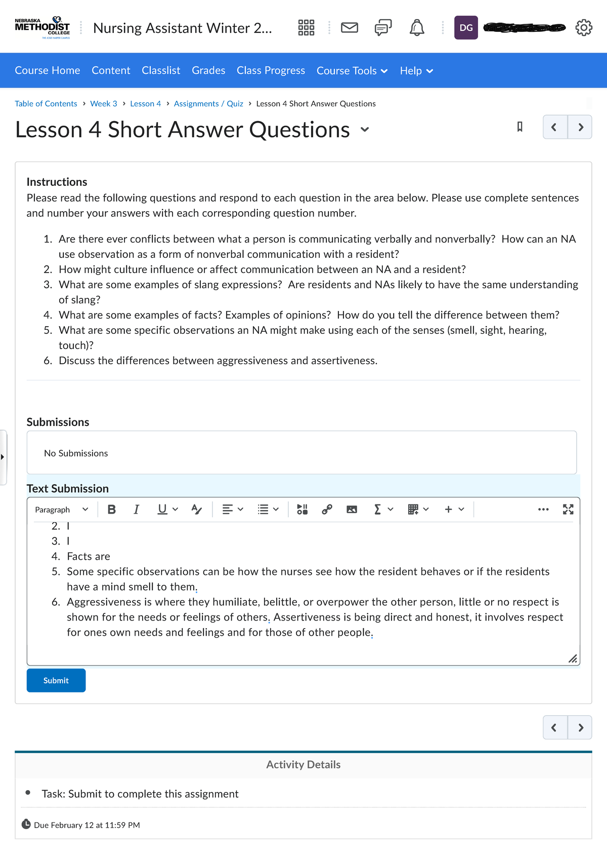 Lesson 4 Short Answer Questions - Nursing Assistant Winter 2023 Hybrid ...