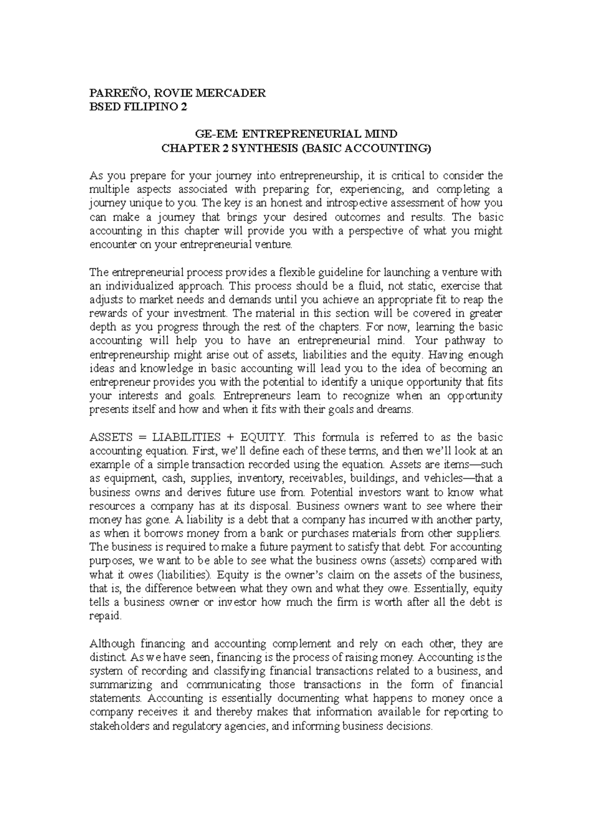Chapter 2 Synthesis (GE-EM) - PARREÑO, ROVIE MERCADER BSED FILIPINO 2 ...