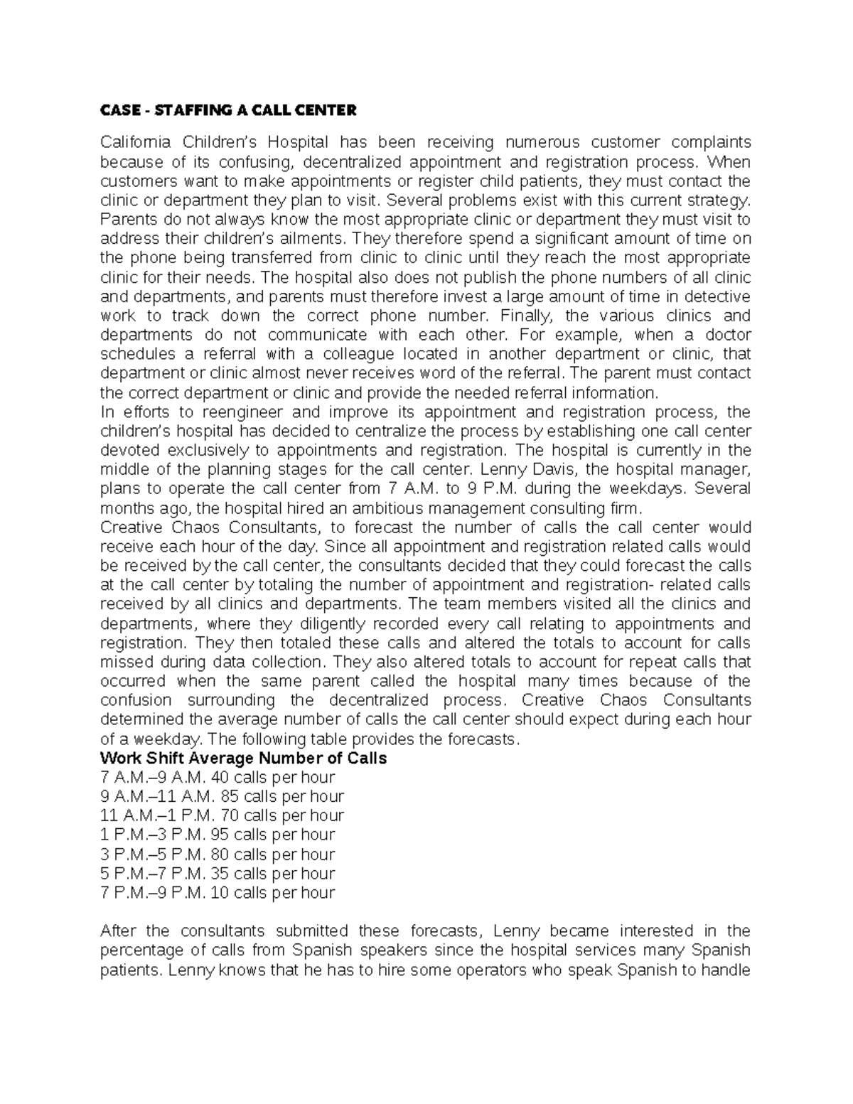 Scribd - CASE - STAFFING A CALL CENTER California Children’s Hospital ...