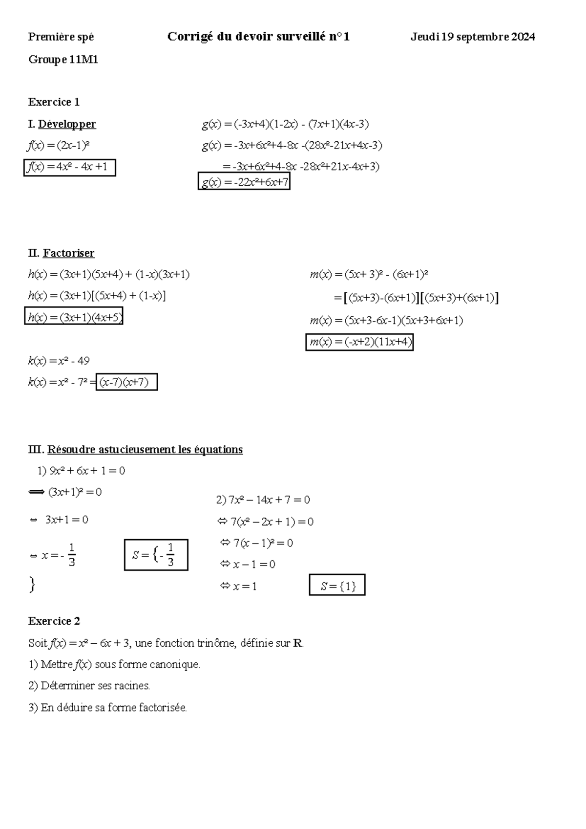 DS1 Trinômes correction - Première spé Corrigé du devoir surveillé n°1 Jeudi 19 septembre 2024 ...